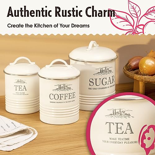noonberry Kitchen Canisters for Countertop - Set of 3 - Airtight Coffee Tea Sugar Container Set - Country Rustic Farmhouse Canisters Sets for the Kitchen