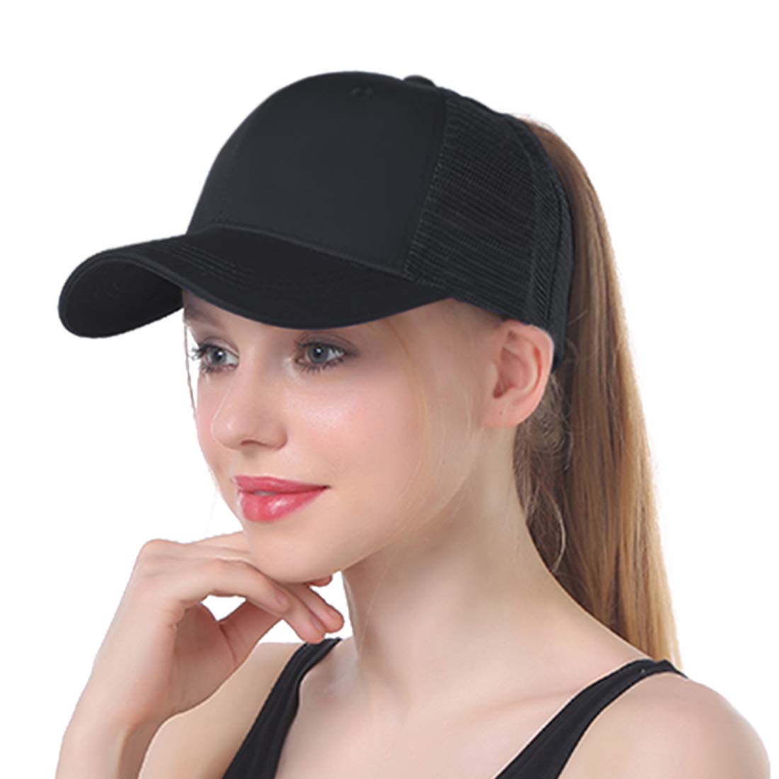 Muryobao Womens Ponytail Baseball Cap Messy High Bun Ponycap Adjustable Snapback Summer Sun Hat Plain Trucker Dad Hat Mesh Black
