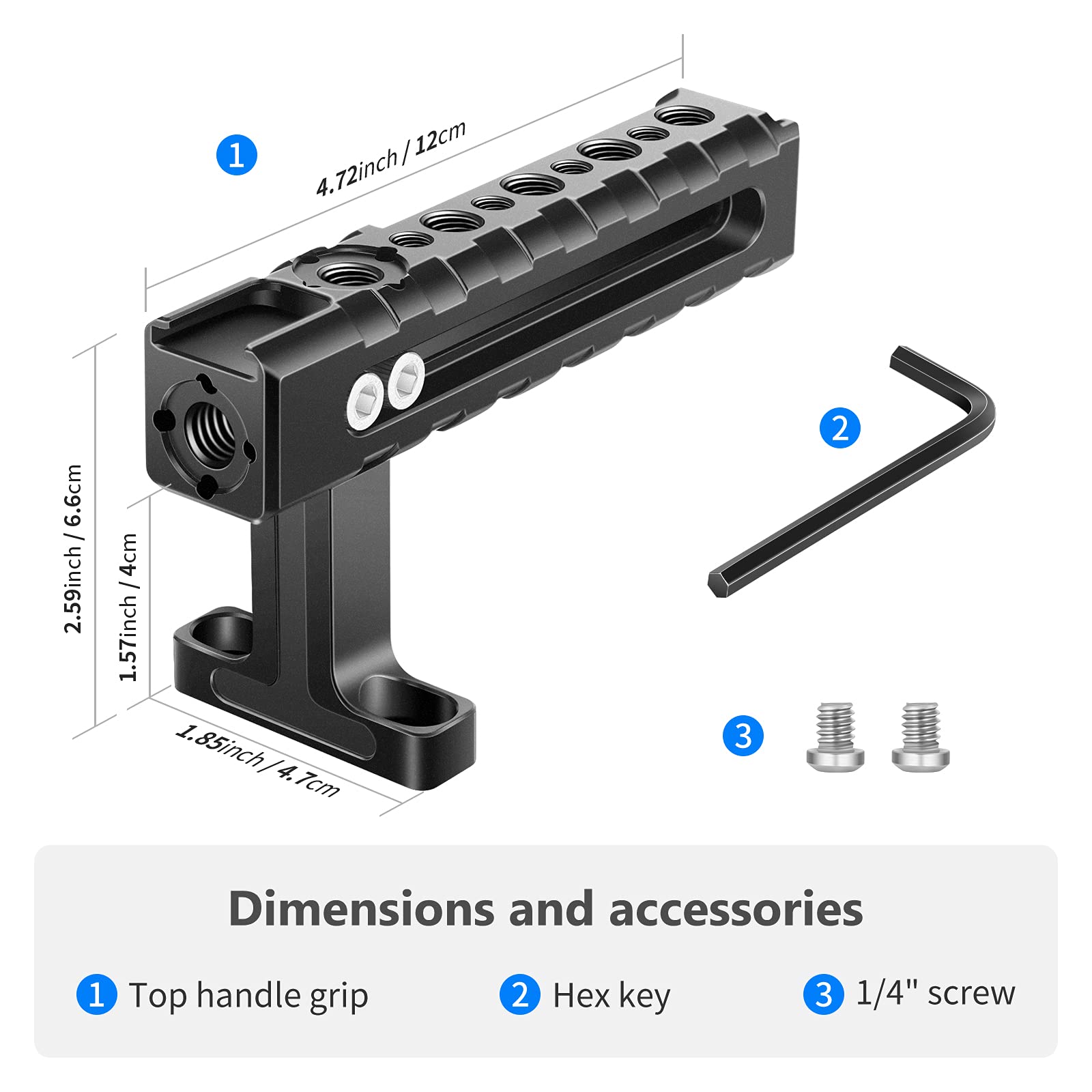Neewer Top Handle Grip, Video Camera Cage Handle with Locating Holes, 1/4" & 3/8" Mounting Screws, and Cold Shoes for LED Light, Monitor, Microphone, Compatible with SmallRig Camera Cage - VS104
