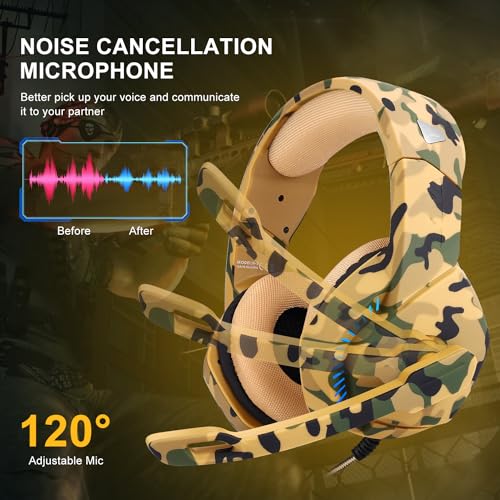 PHOINIKAS PS4 Gaming Headset with 7.1 Surround Sound, PC Headset with Noise Canceling Mic & LED Light, H3 Over Ear Headphones for Nintendo Switch, PS5, Xbox One, Laptop (Camo)