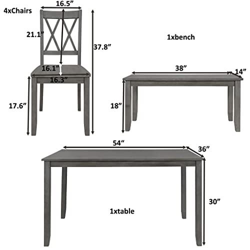 MJWDP 6 Piece Wooden Kitchen Dining Table Set Farmhouse Rustic Dining Table Set with Cross Back 4 Chairs and 1 Bench