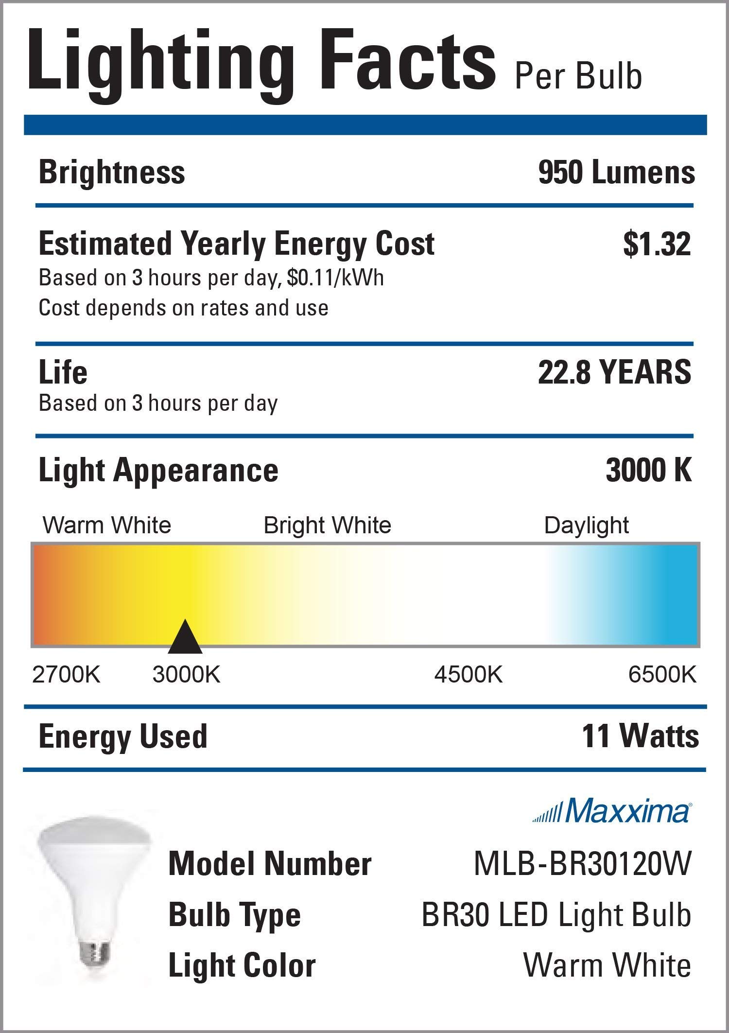 Maxxima LED 75 Watt Equivalent BR30 Indoor Recessed Floodlight Can Light Bulb - Flicker-Free Dimmable, 11 Watt 3000k Warm White Bulb, 950 Lumens, Energy Star - 4 Pack