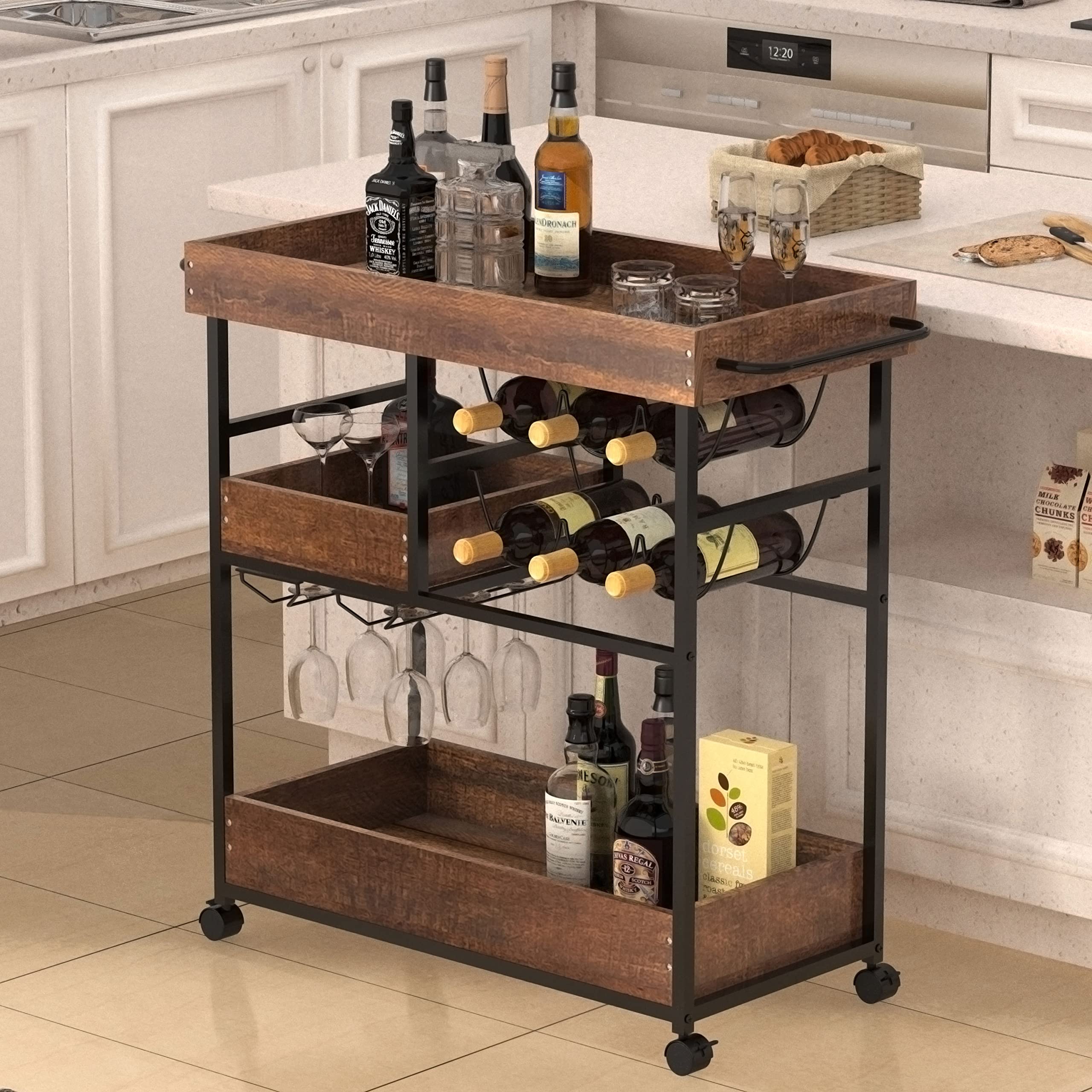 MU Bar Carts for Home, Industrial Kitchen Serving Cart,3 Tier Storage Trolley with Wine Rack Glasses Holder, Rustic Rolling Bar Cart with Removable Shelves for Home