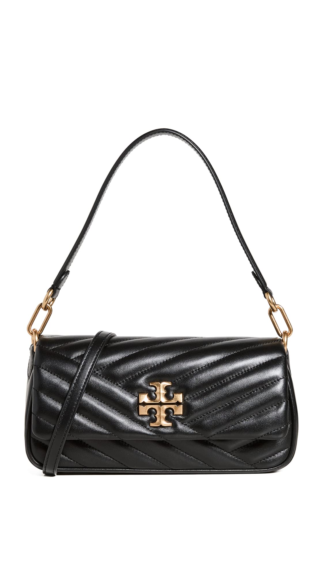 Tory Burch Women's Kira Chevron Powder Coated Small Flap Shoulder Bag, Black/Silver, One Size