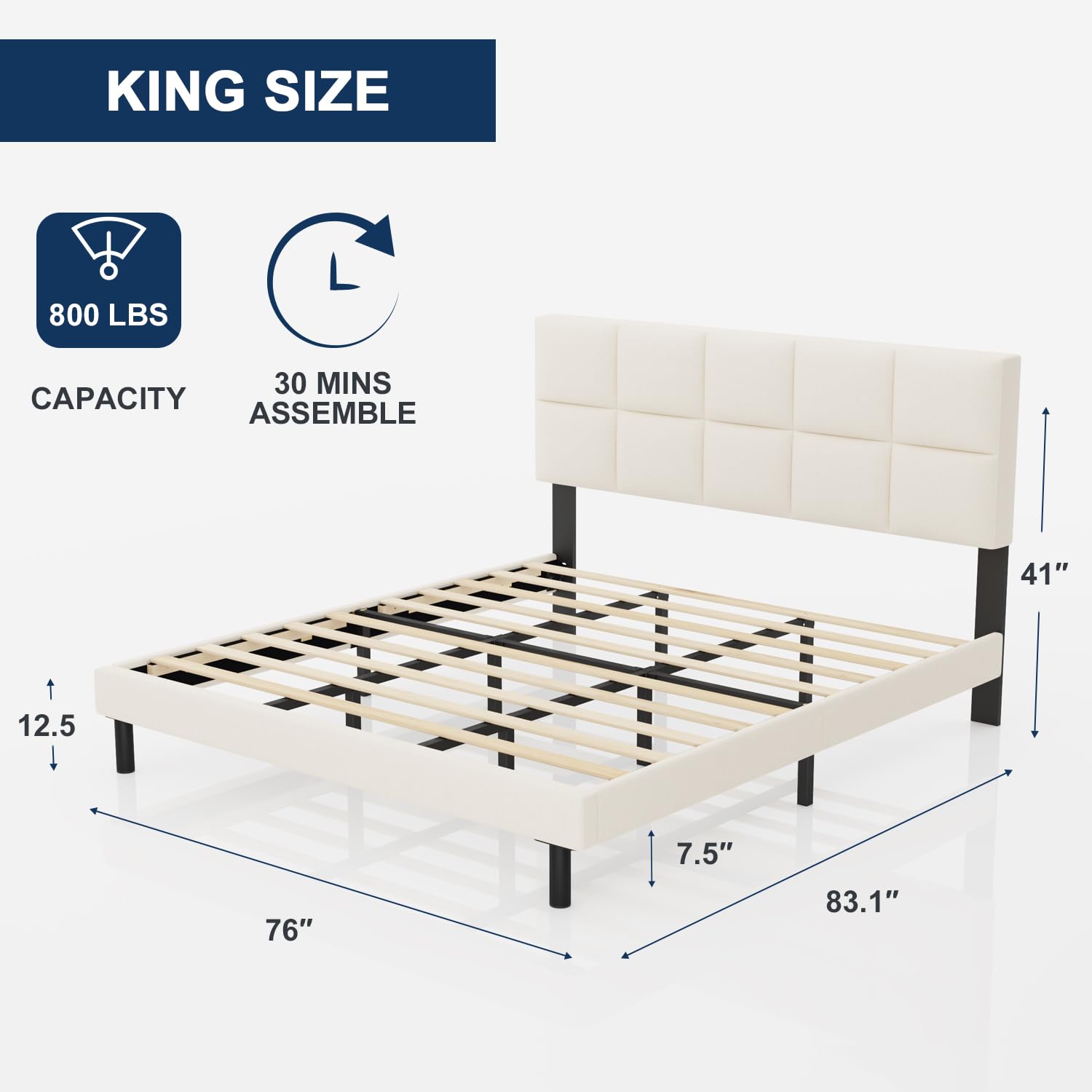 Molblly King Size Bed Frame with Upholstered Headboard, Strong Frame, and Wooden Slats Support, Non-Slip, and Noise-Free, No Box Spring Needed, Easy Assembly, Dark Grey