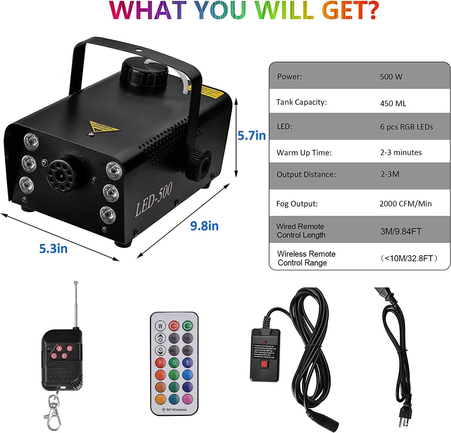 Seasonize Halloween Fog Machine with 6 LED Lights 500W Smoke Machine with 12 Color Effect, 2000CFM Fog with Wired and Wireless Remote Control