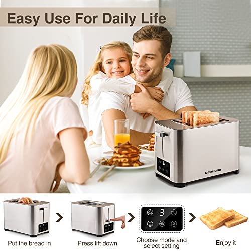 Toaster 2 Slice Extra-Wide 1.57β Slots, REDMOND Stainless Steel Toaster with LED Display, 6 Bread Shade Settings, Defrost/Bagel/Reheat/Cancel Functions and Removable Crumb Tray - 2 Slice