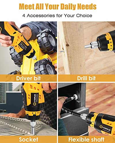 VIGRUE Cordless Screwdriver, Rechargeable Electric Screwdriver with 45 Free Accessories, Battery Indicator, 7 Torque Setting, 2 Position Handle with LED Light, Flexible Shaft