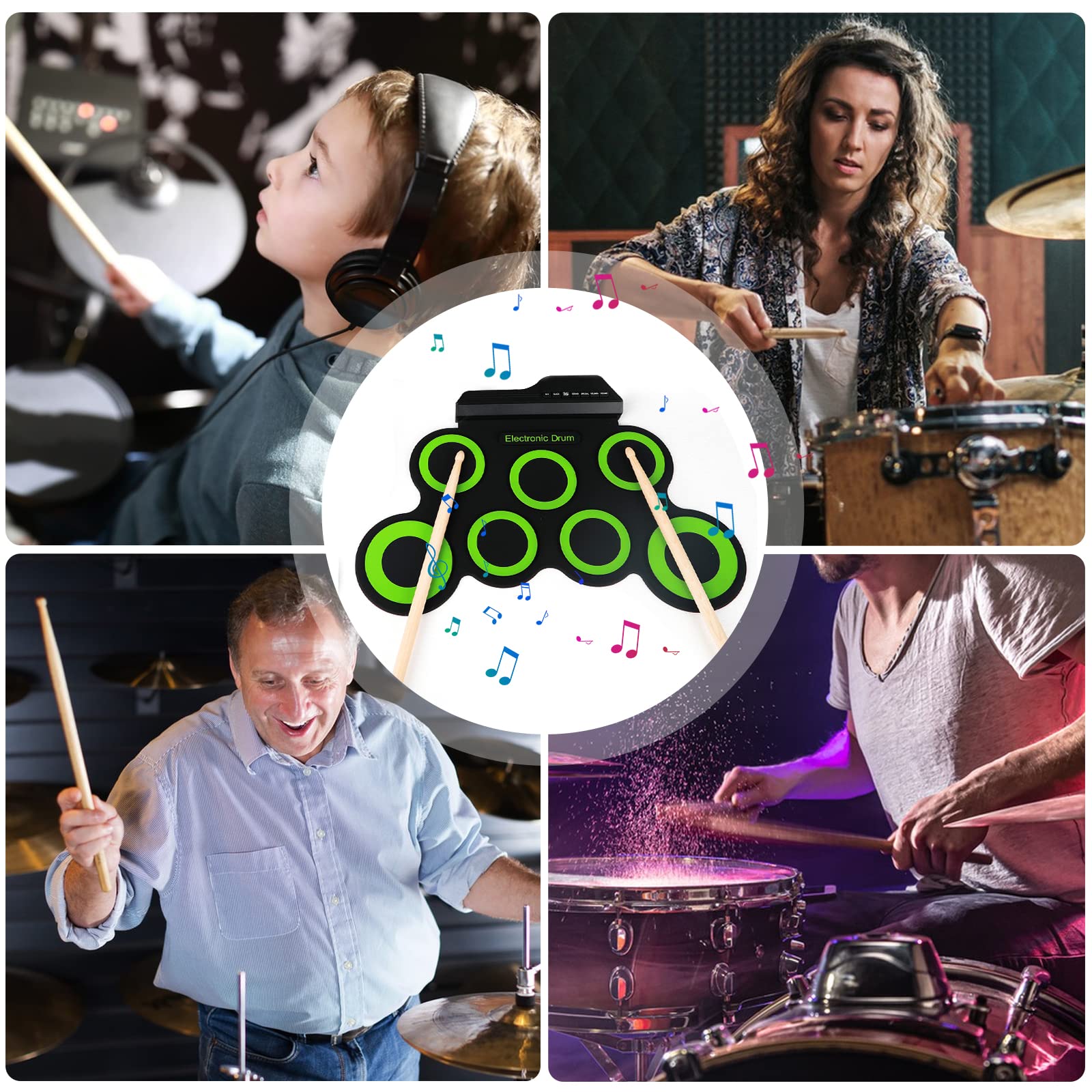 Topoworl Electronic Drum Set Practice Drum Pad Portable Electronic Drum Pads Portable Silicone Beginners Electric Drum Set Percussion Instrument Black