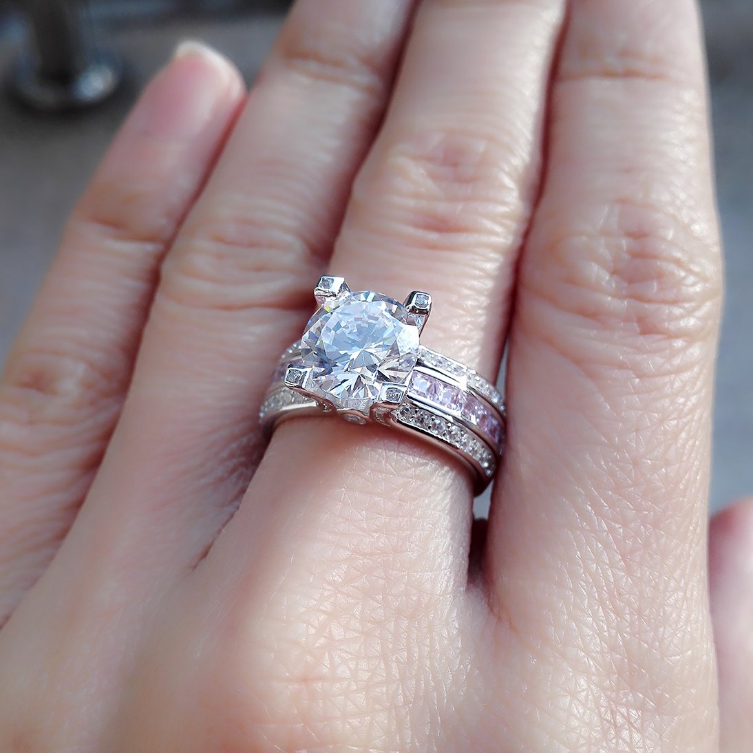 Newshe Jewellery Round Pink Cz 925 Sterling Silver Wedding Band Engagement Ring Sets Size 11
