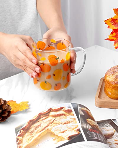 Pumpkin Glass Mug 15 Oz, Clear Fall Cup With Handle, Large Espresso Iced Coffee Glass, Hot Beverage Cappuccino Tea Drinking Glassware, Autumn Decor for Coffee Bar, Thanksgiving Gift for Pumkin Lover