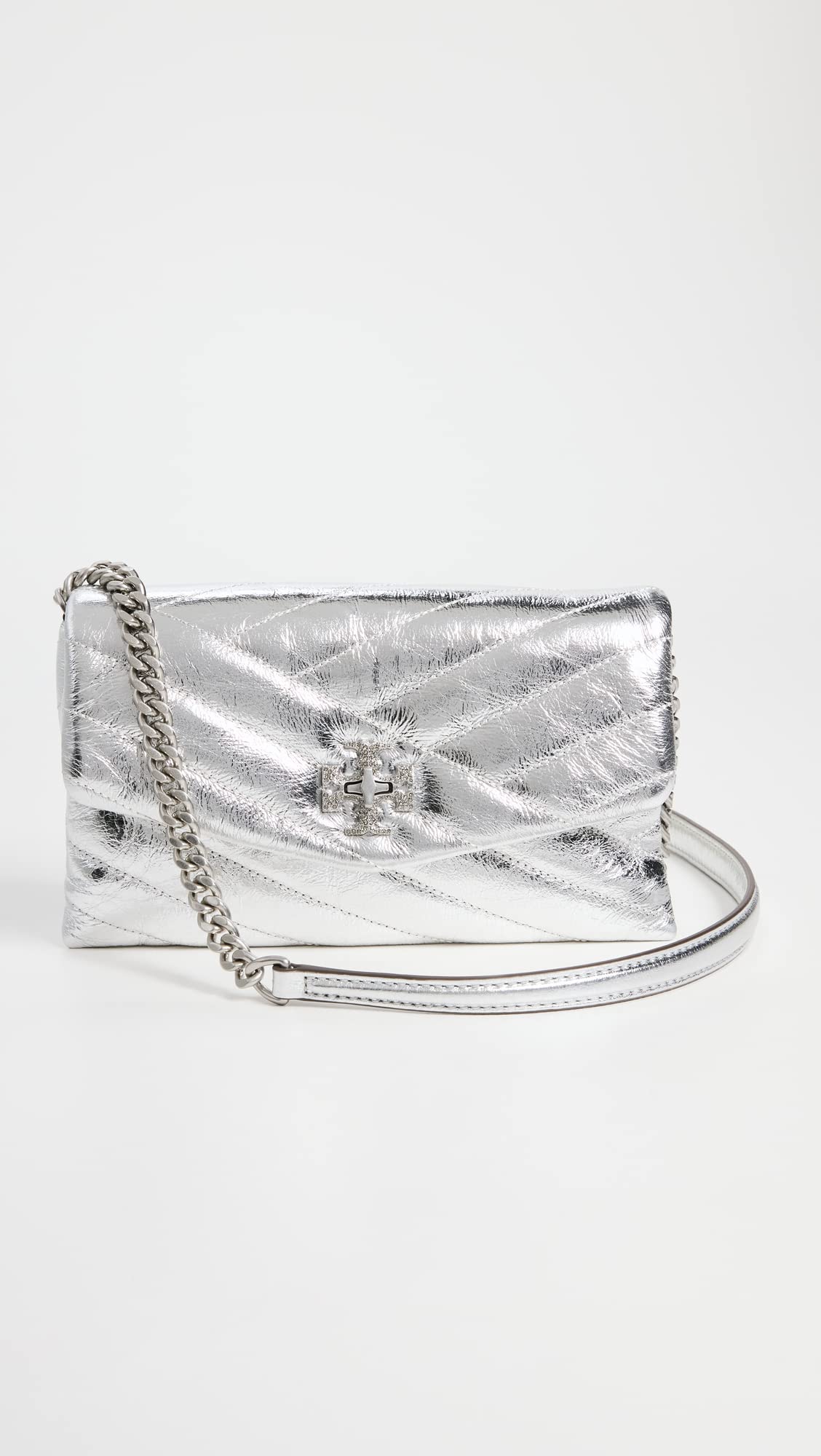 Tory Burch Women's Kira Chevron Metallic Pave Logo Chain Wallet, Silver, One Size