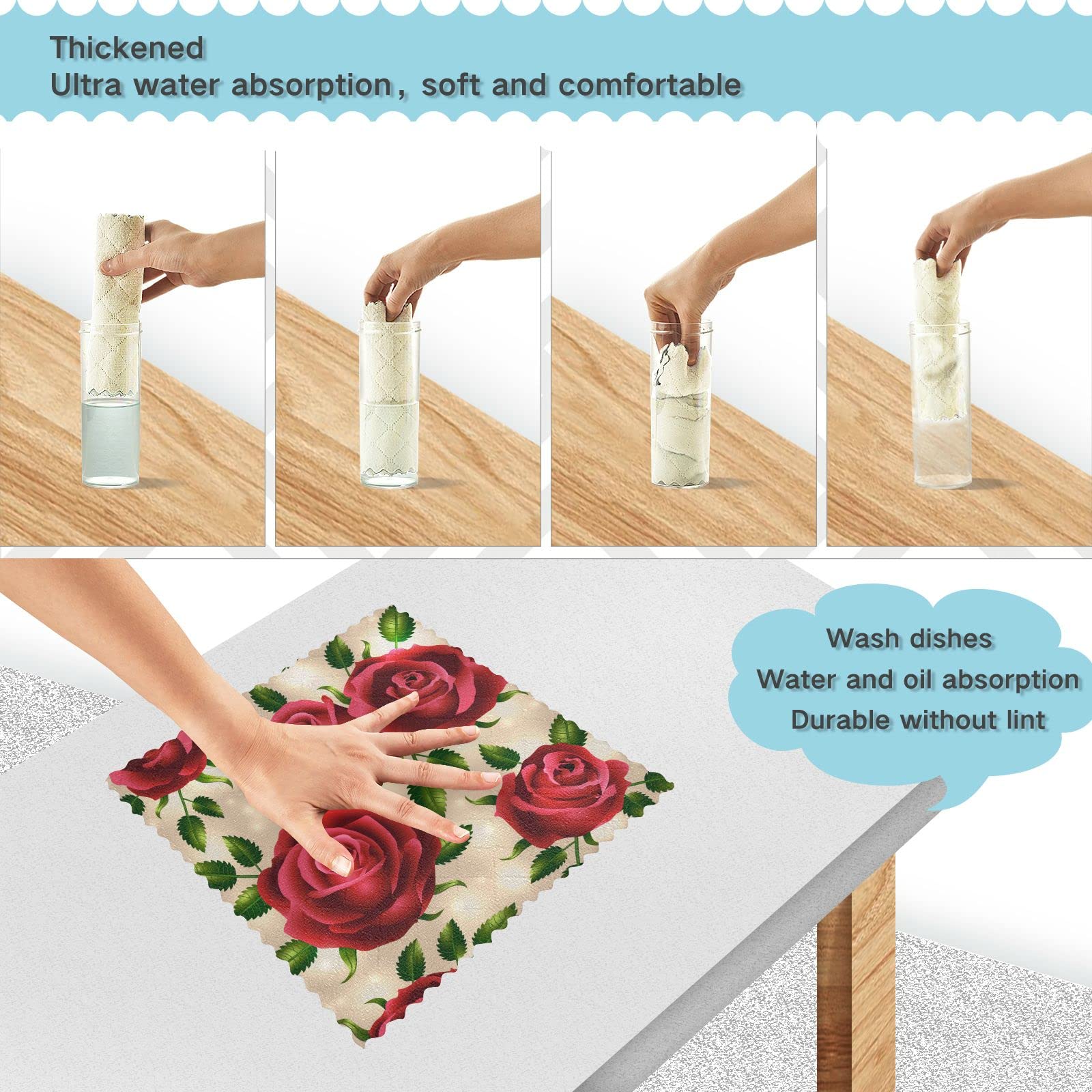 senya 6 Pack Dish Cloths Dish Towels Red Roses Flowers Reusable Kitchen Hand Towels