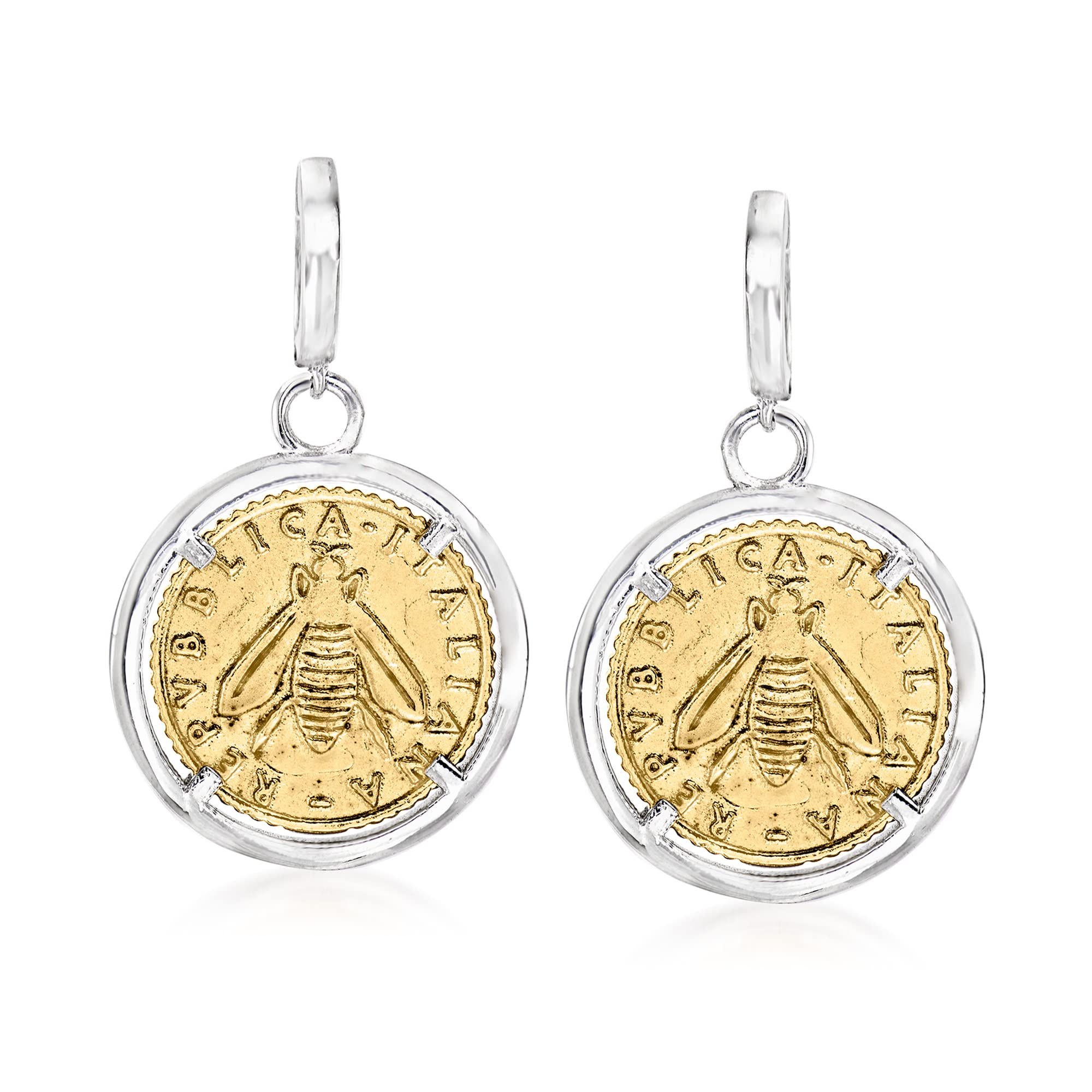 Ross-Simons Italian Replica Lira Bee Coin Drop Earrings in Sterling Silver and 18kt Gold Over Sterling