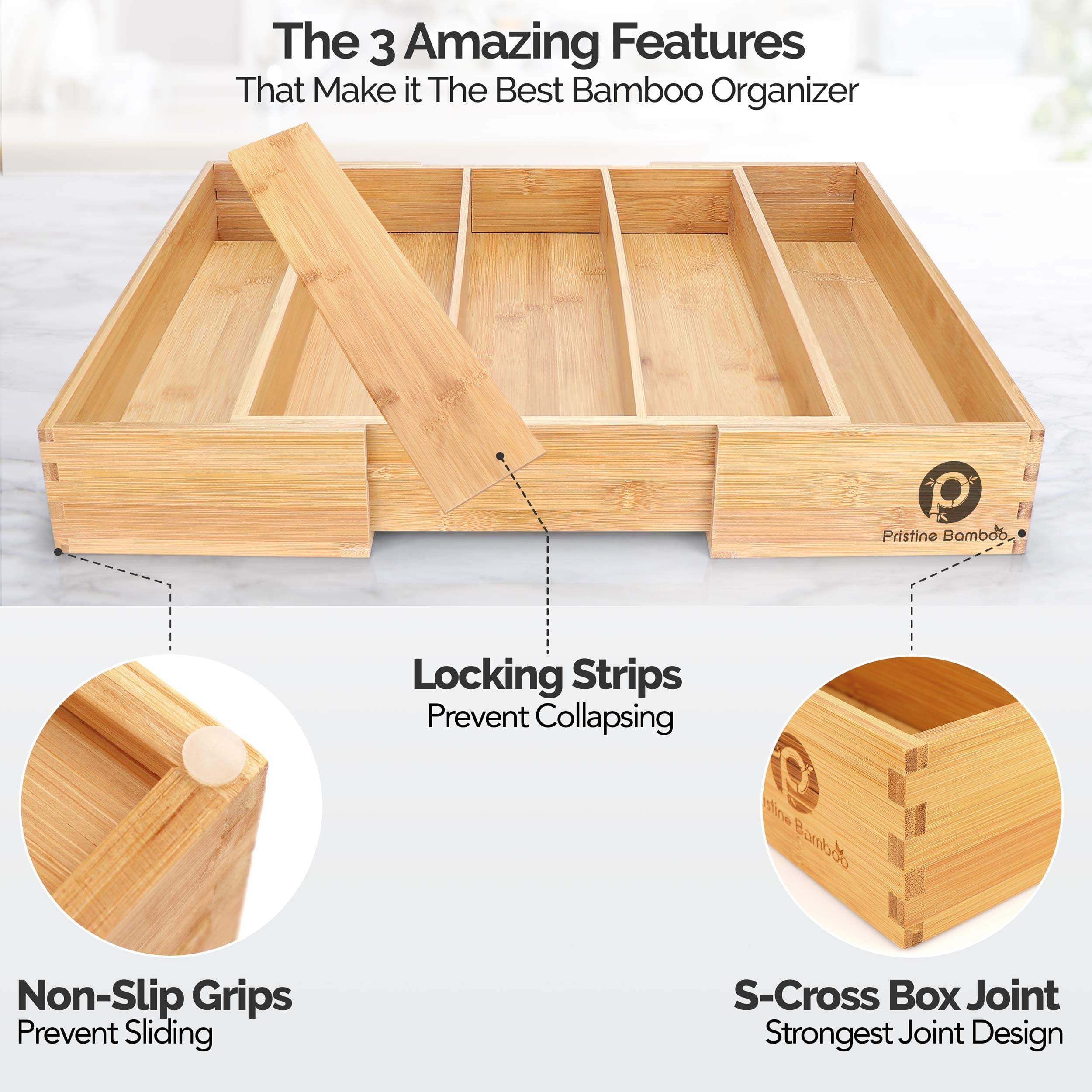 Pristine Bamboo Silverware Organizer– Utensil Organizer for Kitchen Drawers – Extra-Deep Wooden Kitchen Drawer Organizer (10 Slots, 5 Slots) Expandable and Fixed Organizers
