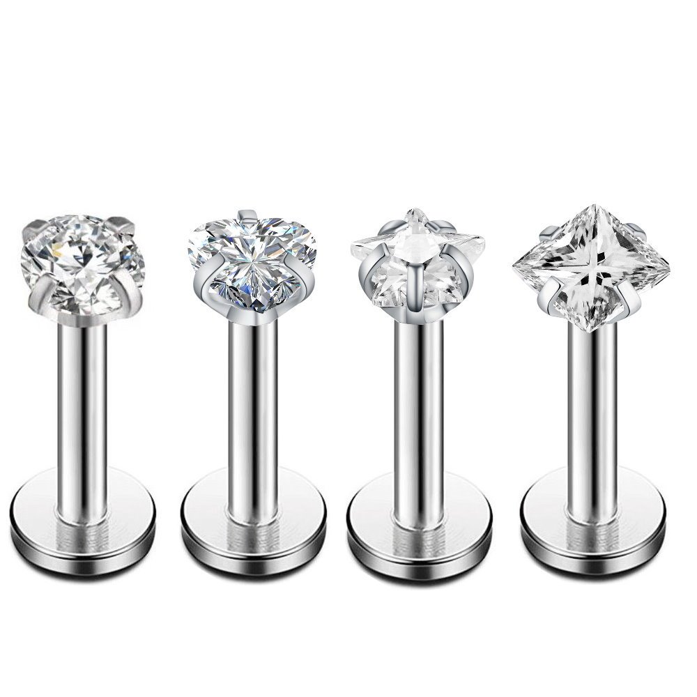 NewZenro 4Pcs 16g Cubic Zirconia Ear Cartilage Tragus Helix Stud Earrings Stainless Steel CZ Lip Monroe Piercing Round Star Set Jewelry Gifts for Women Men Birthday Bff