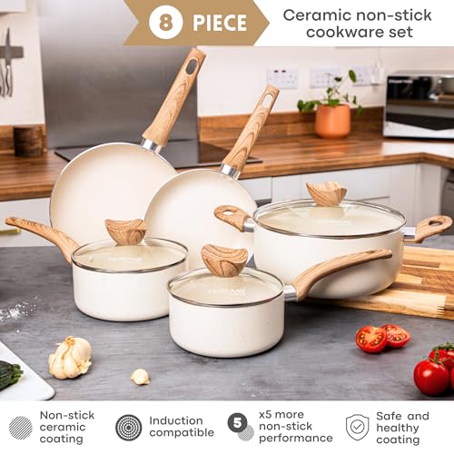 Pots and Pans Set Non Stick – Induction Hob Pot Set with Lids– 8pcs Kitchen Cookware Sets – Cooking Cream Granite Saucepan Pots and Frying Pans – by Nuovva
