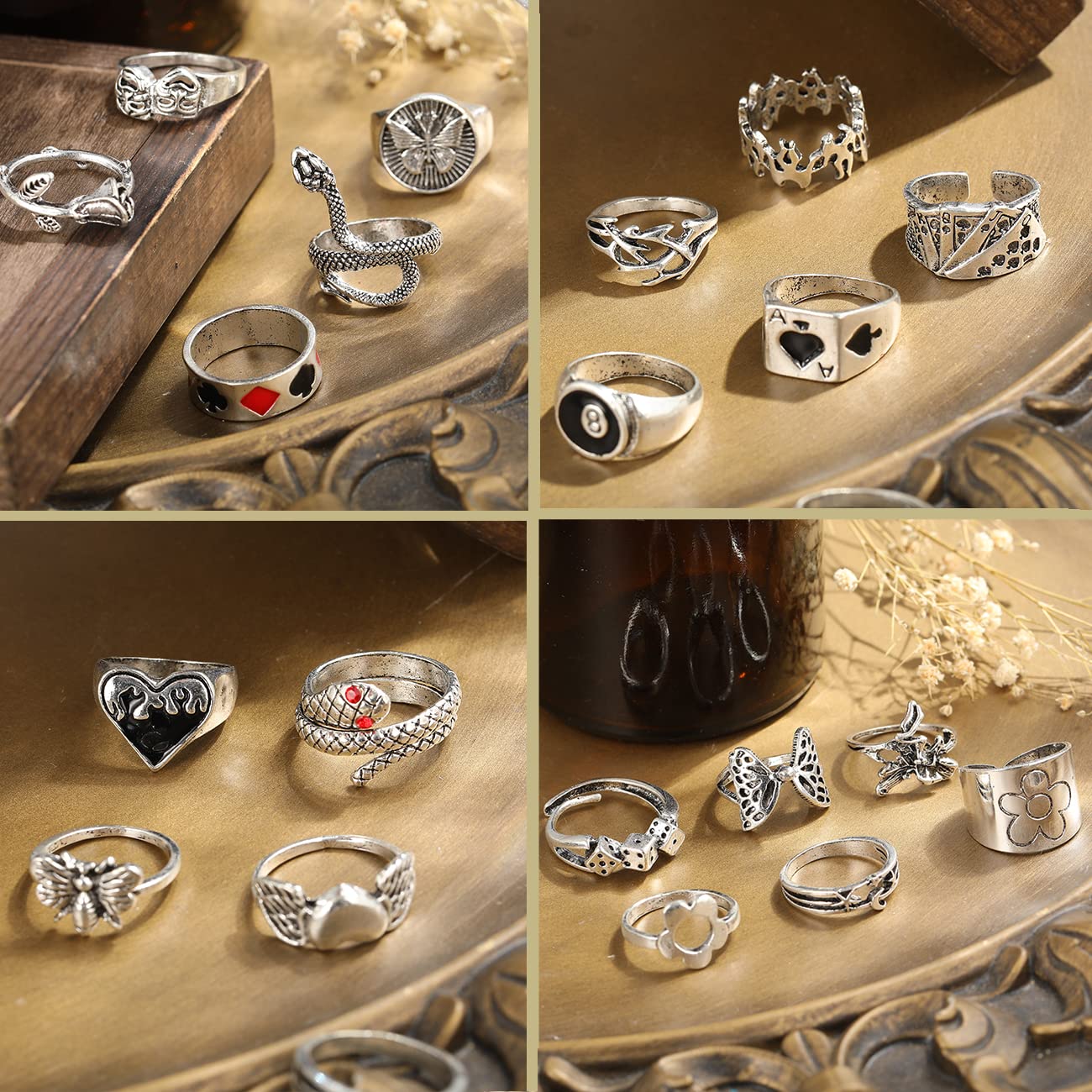 Silver Goth Punk Rings Set for Men Girls Women, Cool Gothic Ring Pack, Vintage Stackable Animal Rings Bulk, Boho Chunky Knuckle Emo Rings, Open Snake Butterfly Ace Eboy Y2K Accessories (31 pcs)