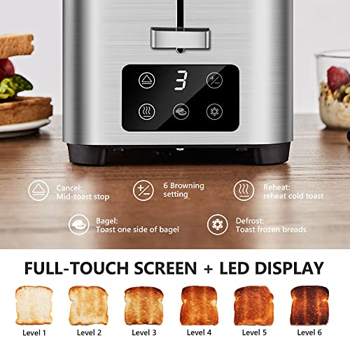 Toaster 2 Slice Extra-Wide 1.57β Slots, REDMOND Stainless Steel Toaster with LED Display, 6 Bread Shade Settings, Defrost/Bagel/Reheat/Cancel Functions and Removable Crumb Tray - 2 Slice