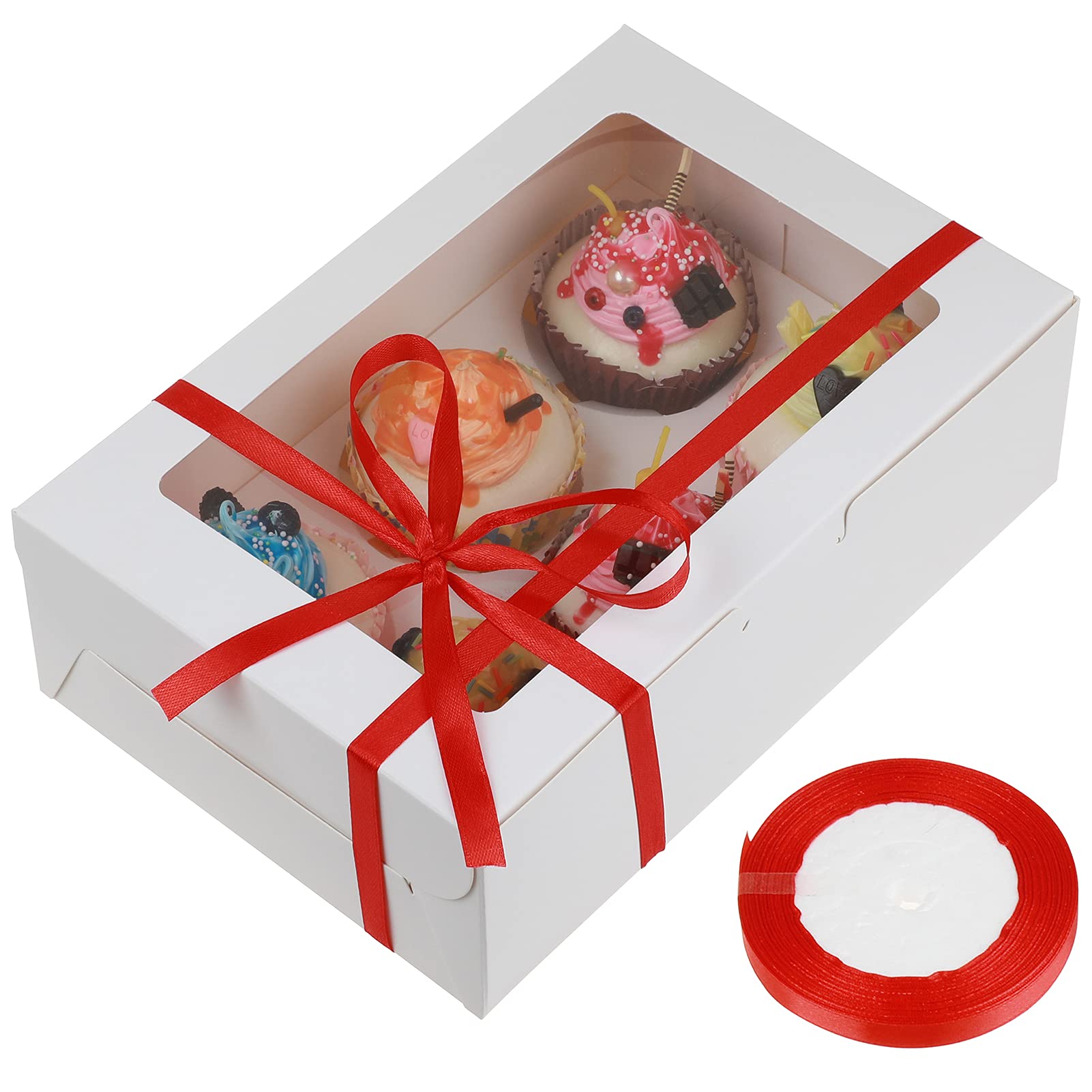 TONGDE Cupcake Boxes 30-Set with Inserts and Window Hold 6 Cupcakes, Food Grade Kraft Bakery Cake Boxes Pastry Holder with Ribbon for Cookie Mini Cake (White)
