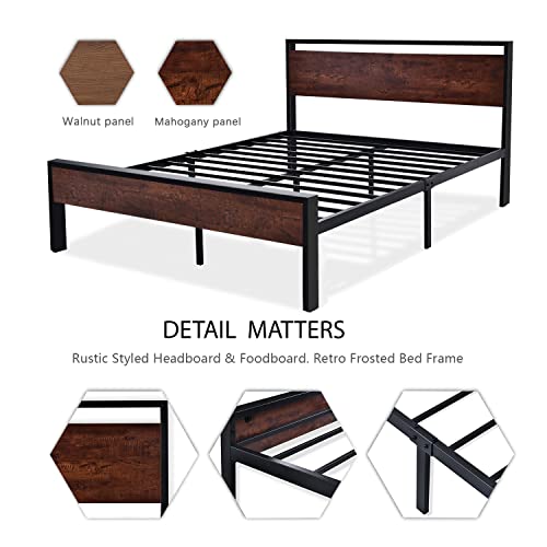 SHA CERLIN 14 Inch Queen Size Metal Platform Bed Frame with Wooden Headboard and Footboard, Mattress Foundation, No Box Spring Needed, Large Under Bed Storage, Light Mahogany