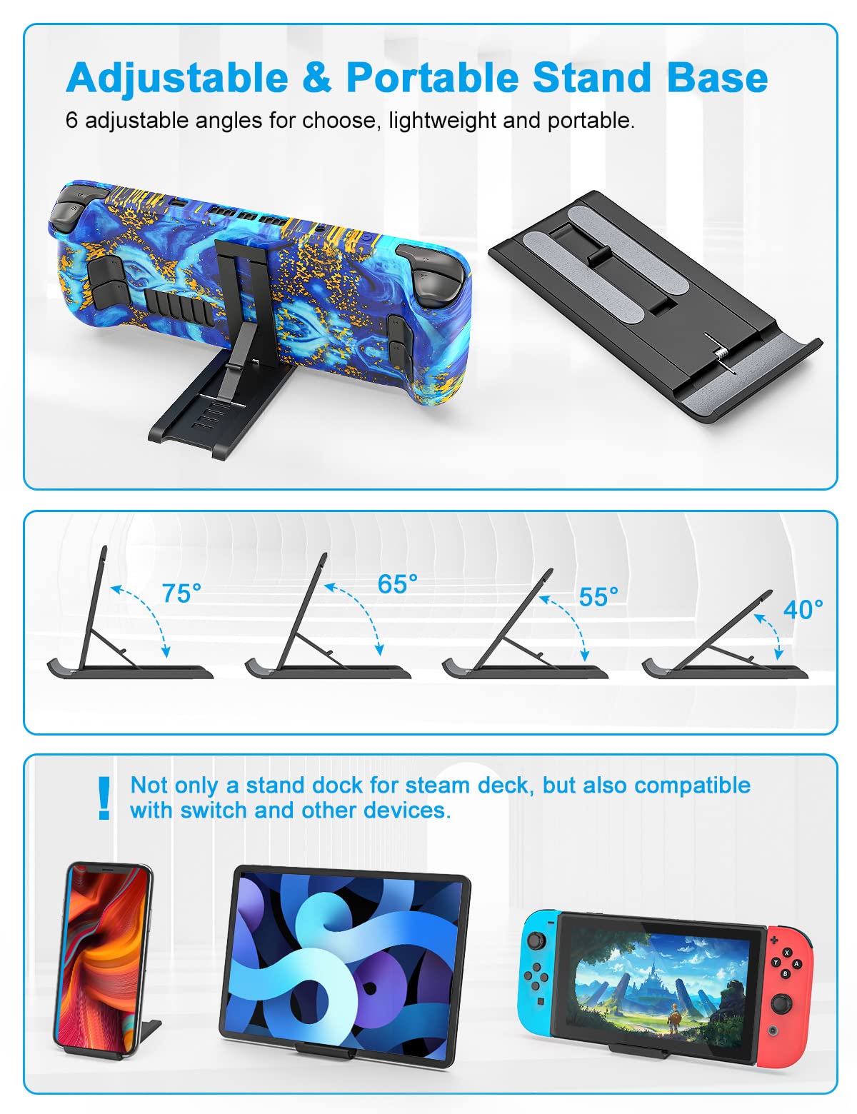 YIZEIJOB Protective Silicone Case for Steam Deck/Steam Deck OLED, Accessories Set for Steam Deck, Includes Protector Cover Skin, Stand Dock Base, Touch Skin Stickers & Thumb Cap(Blue)