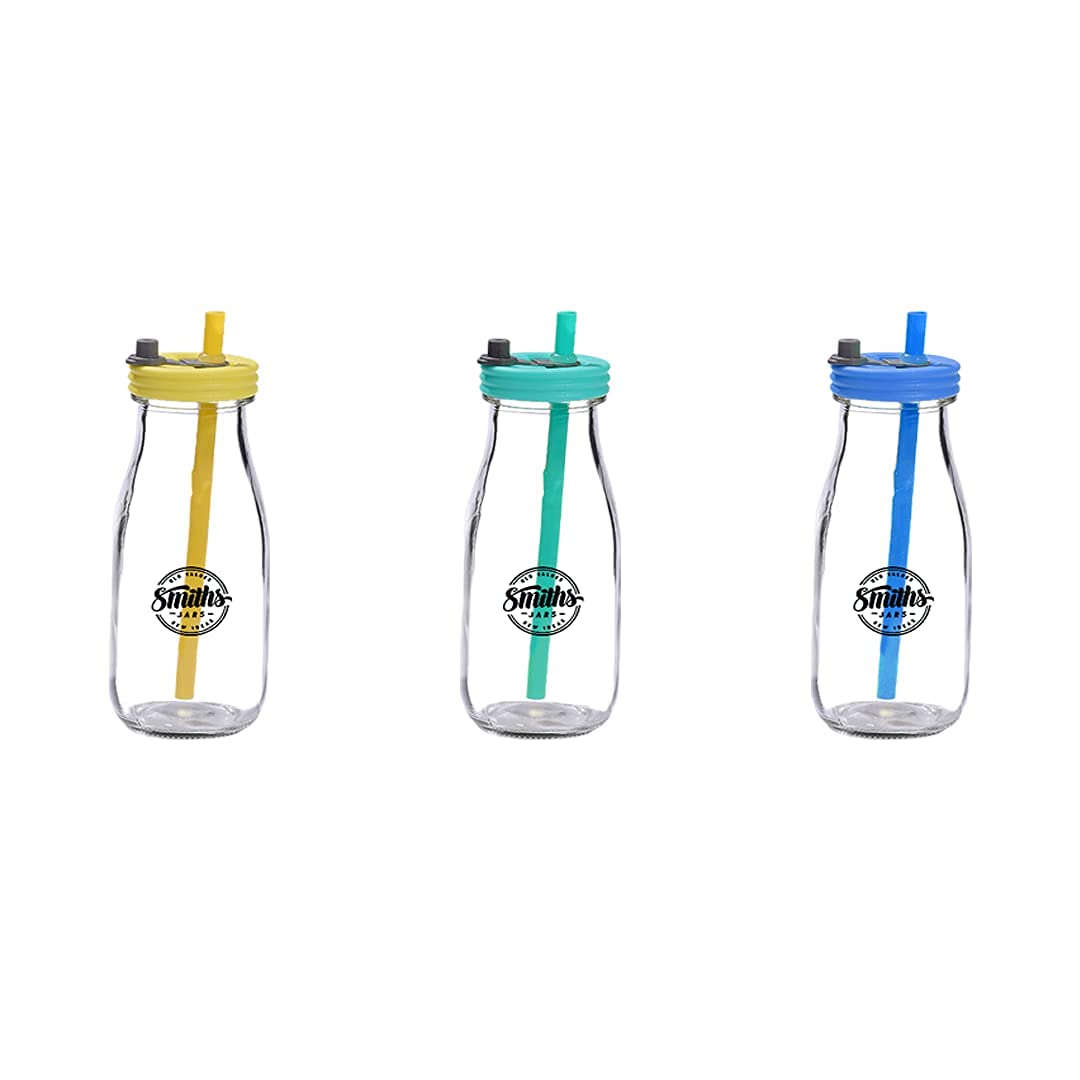 Smiths Mason Jars Set of 9 Mini Glass Milk Bottles 300ml Splash Proof Lids and Reusable Drinking Straws for Kids | General Use Kids Home