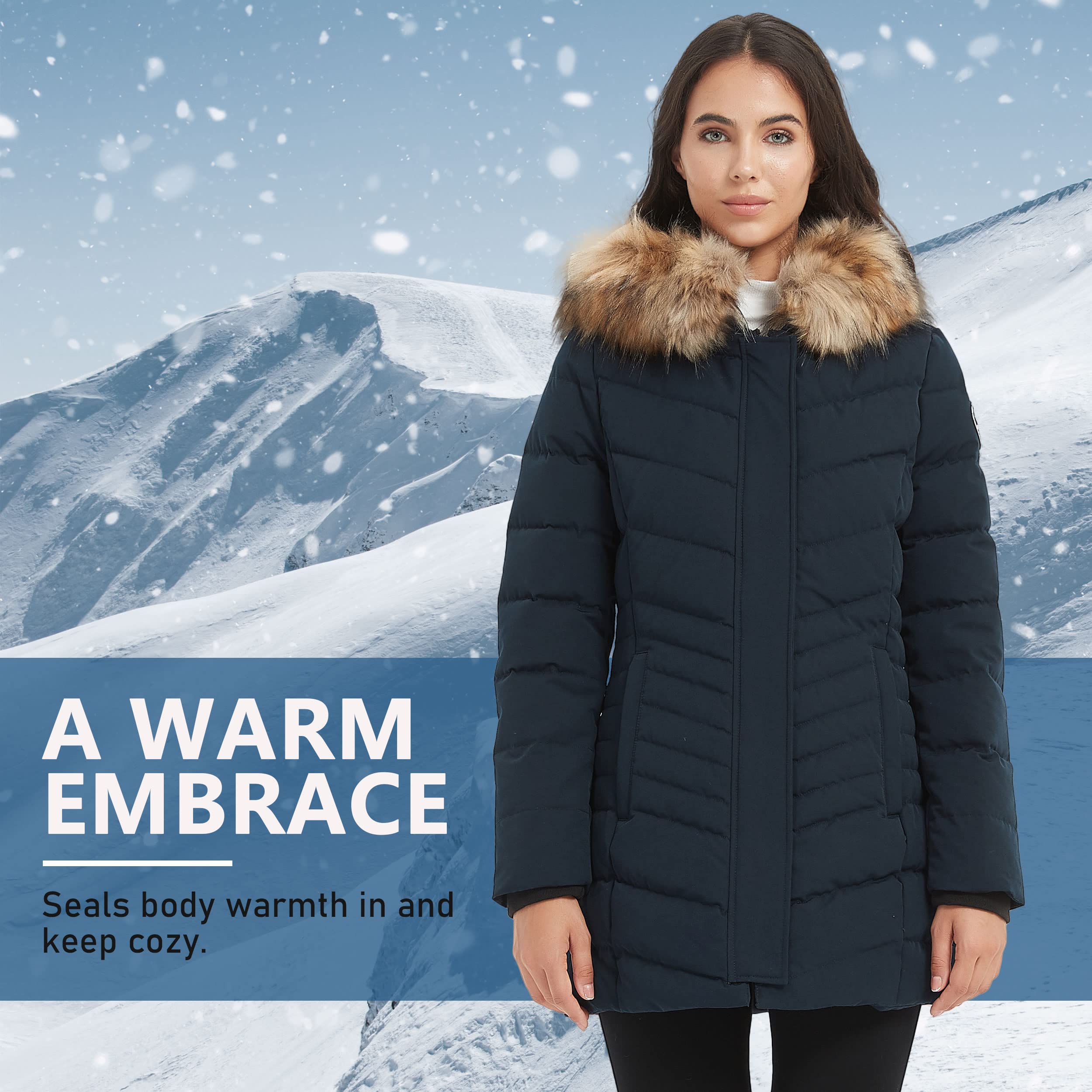 Molemsx Down Coat For Women, Women's Warm Winter Parka Down Coats with Removable Fur Hood Puffer Jacket Shell Snowboarding Coats for Cold Weather Navy M-Regular