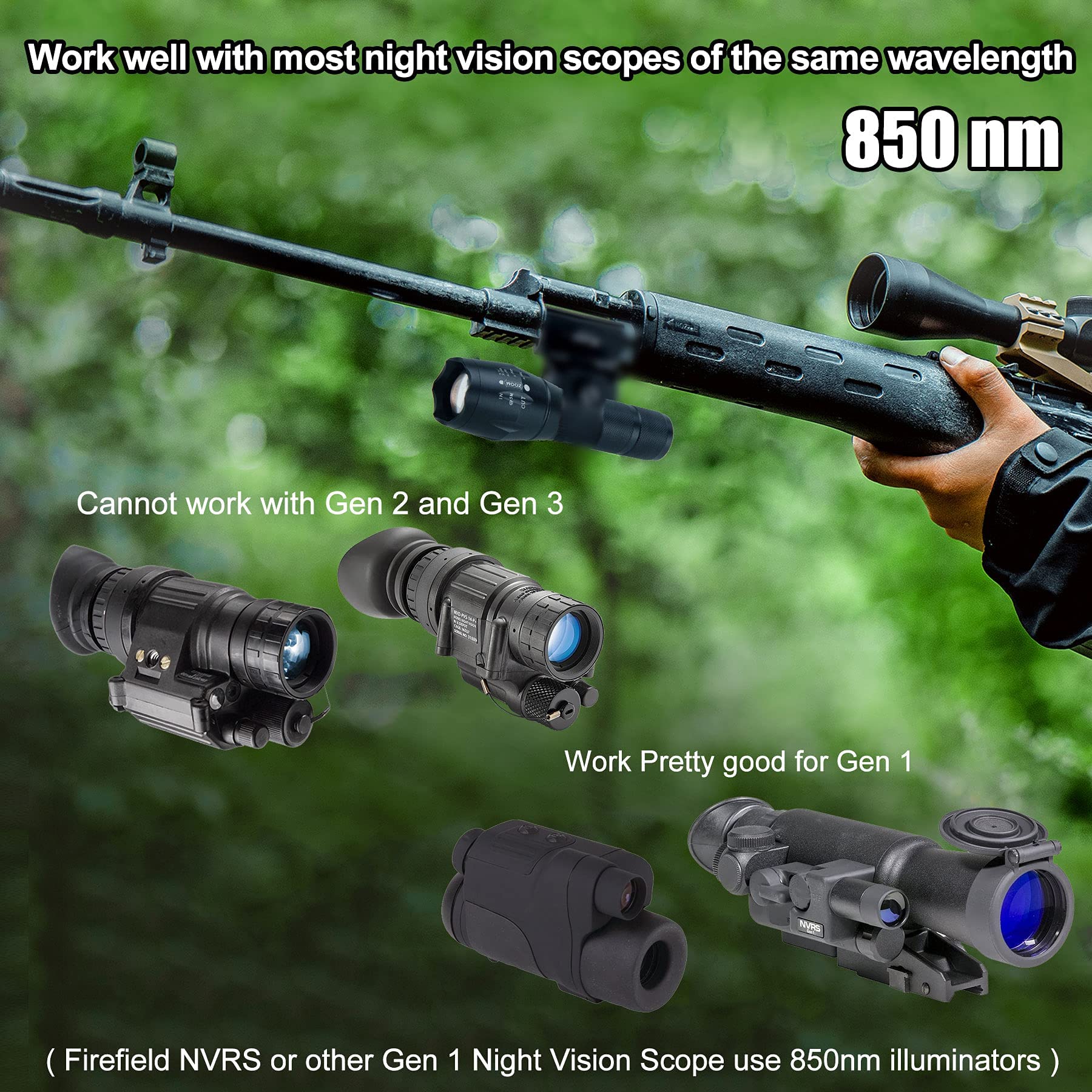 Night Vision Essentials Infrared Flashlights Tactical Hunting Gear Scope Illuminator for Rifle Arc Rail Ir Light 850nm Ir Flashlight (850nm 350 yard)