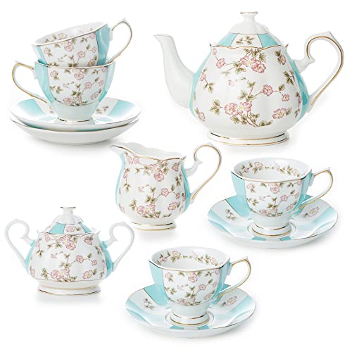 MOSTDEN Fine China 15-Piece Coffee Cup/Tea Cup Set,1 Teapot 1 Sugar Bowl 1 Cream Pitcher, 4 Cups And Saucers,4 Teaspoons Garden Series White-Blue (15 pack)