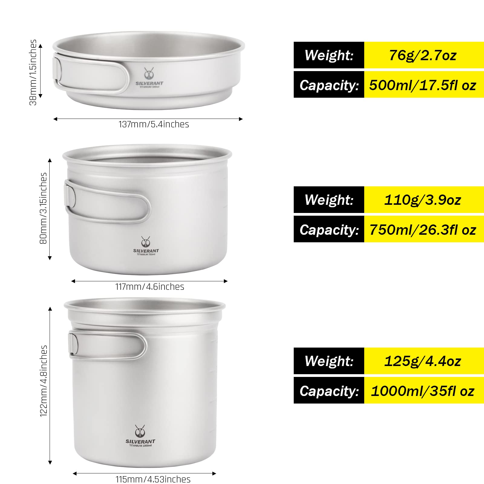 SILVERANT Titanium Ultralight 2-Piece Pot Pan Camping Cookware Mess Kit Set with Collapsable Folding Handles & Lid for Camping, Backpacking, & Hiking with Mesh Drawstring Bag