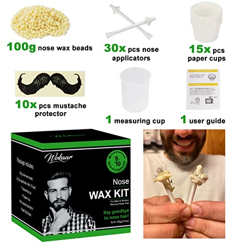 Nose Wax Kit for Men and Women,Nose Hair Removal Wax (100g/10-20 usuage count),20 Applicators,10 Mustache Guards,Safe,Easy,Quick and Painless