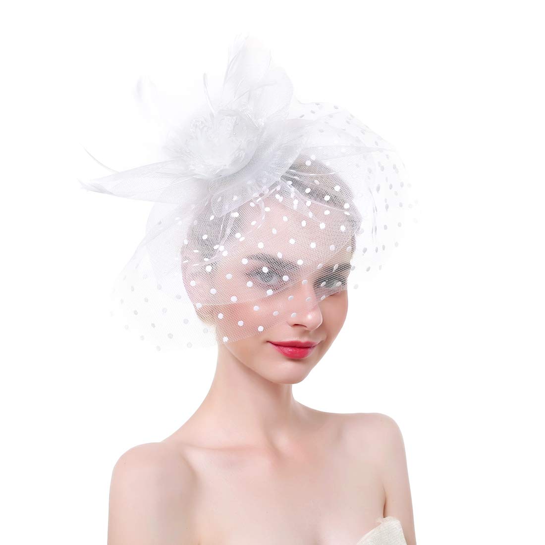 ZONETEN Kentucky Derby Pillbox Hat Wedding Flower Cocktail Mesh Church Fascinators Hat for Women Tea Party(White)