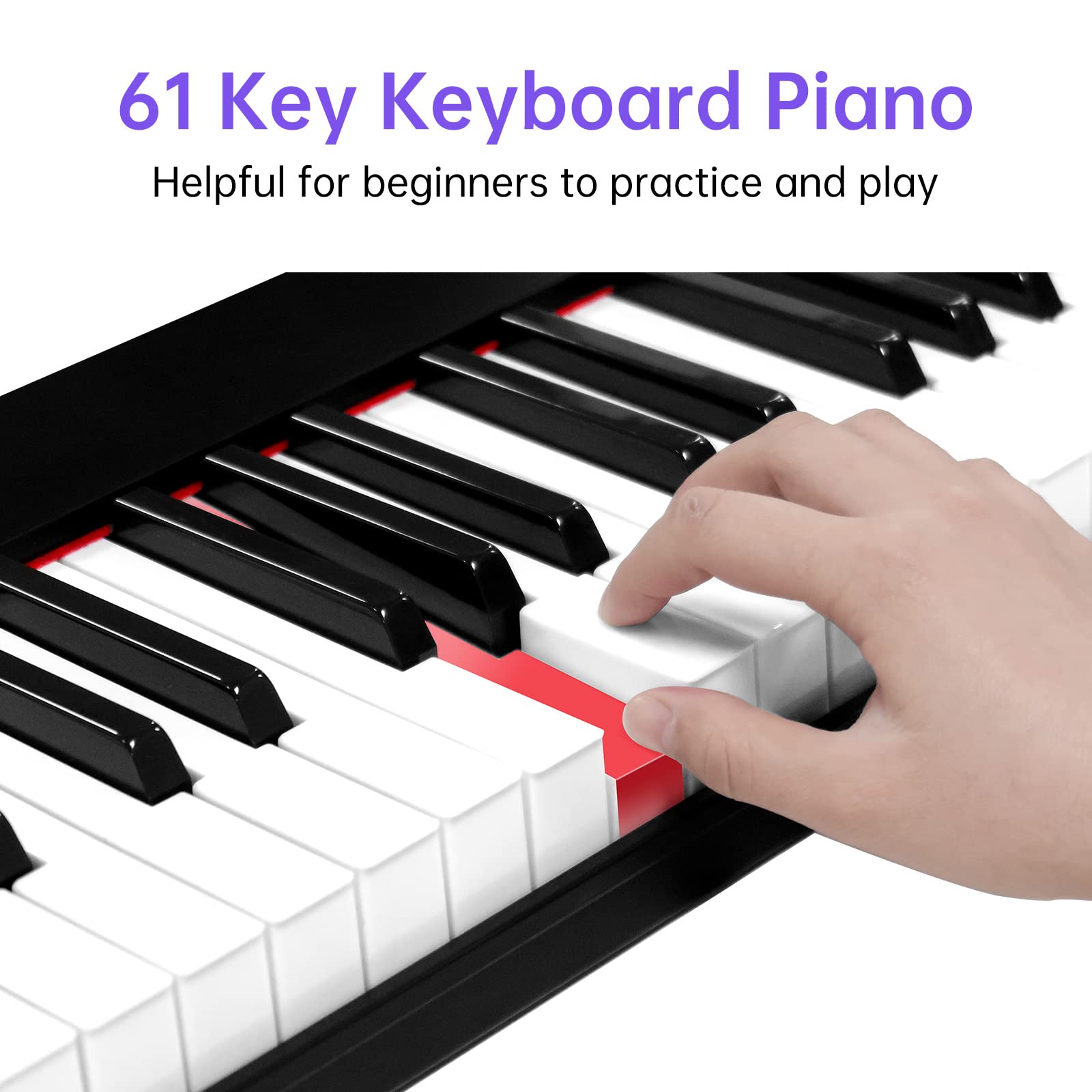 TERENCE Keyboard Piano with 61 Semi-weighted Keys & 1800mAh Battery Support MIDI USB Interface & Piano Application with Bluetooth Sheet Music Stand Sticker Bag Audio Cable Earphones