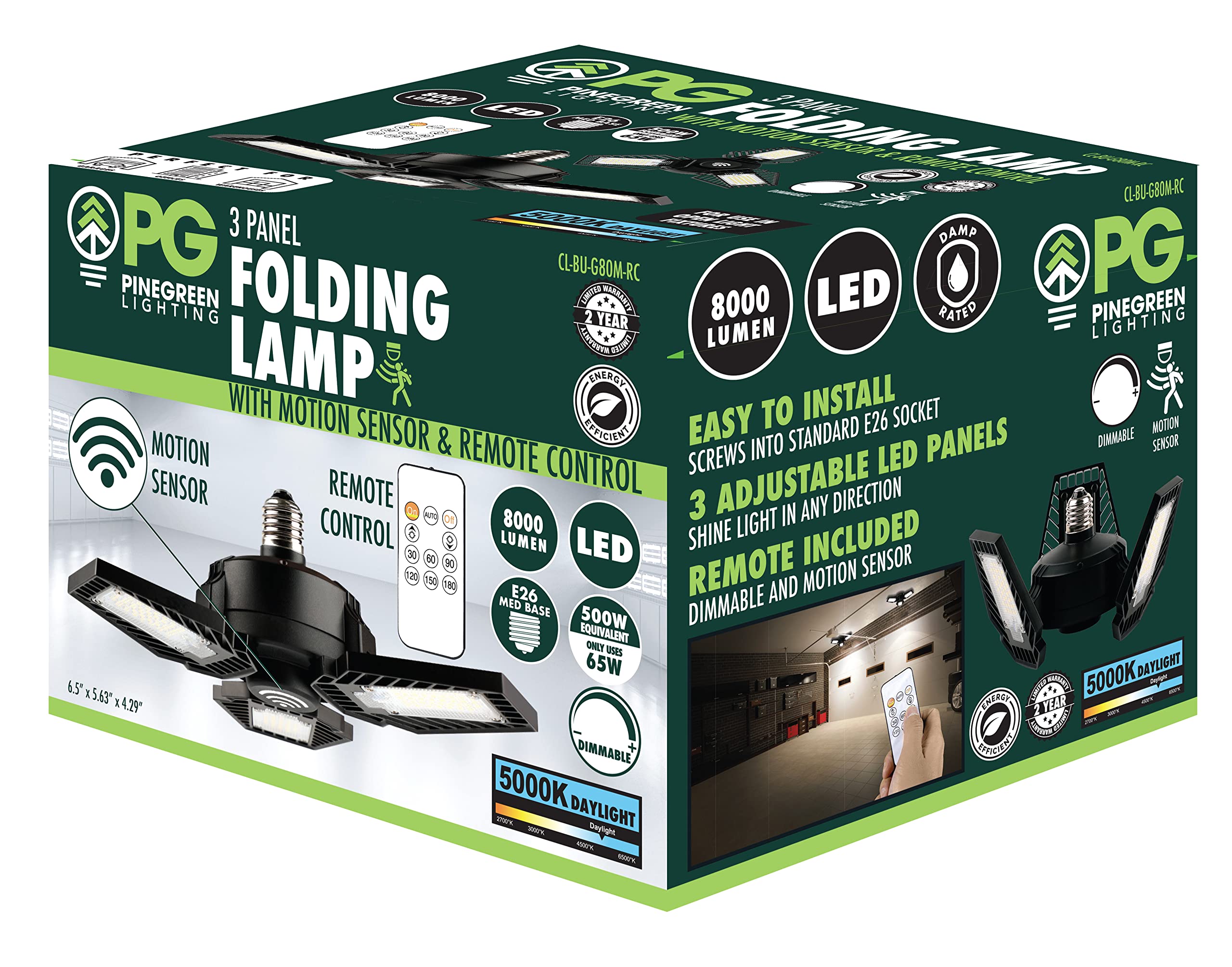 Pinegreen Lighting 3-Panel Garage Light, 65W LED Shop Light with Remote Control, 8000LM 5000K Daylight LED Garage Ceiling Lights Deformable Garage Lighting for Workshop Basement Attic E26 Base