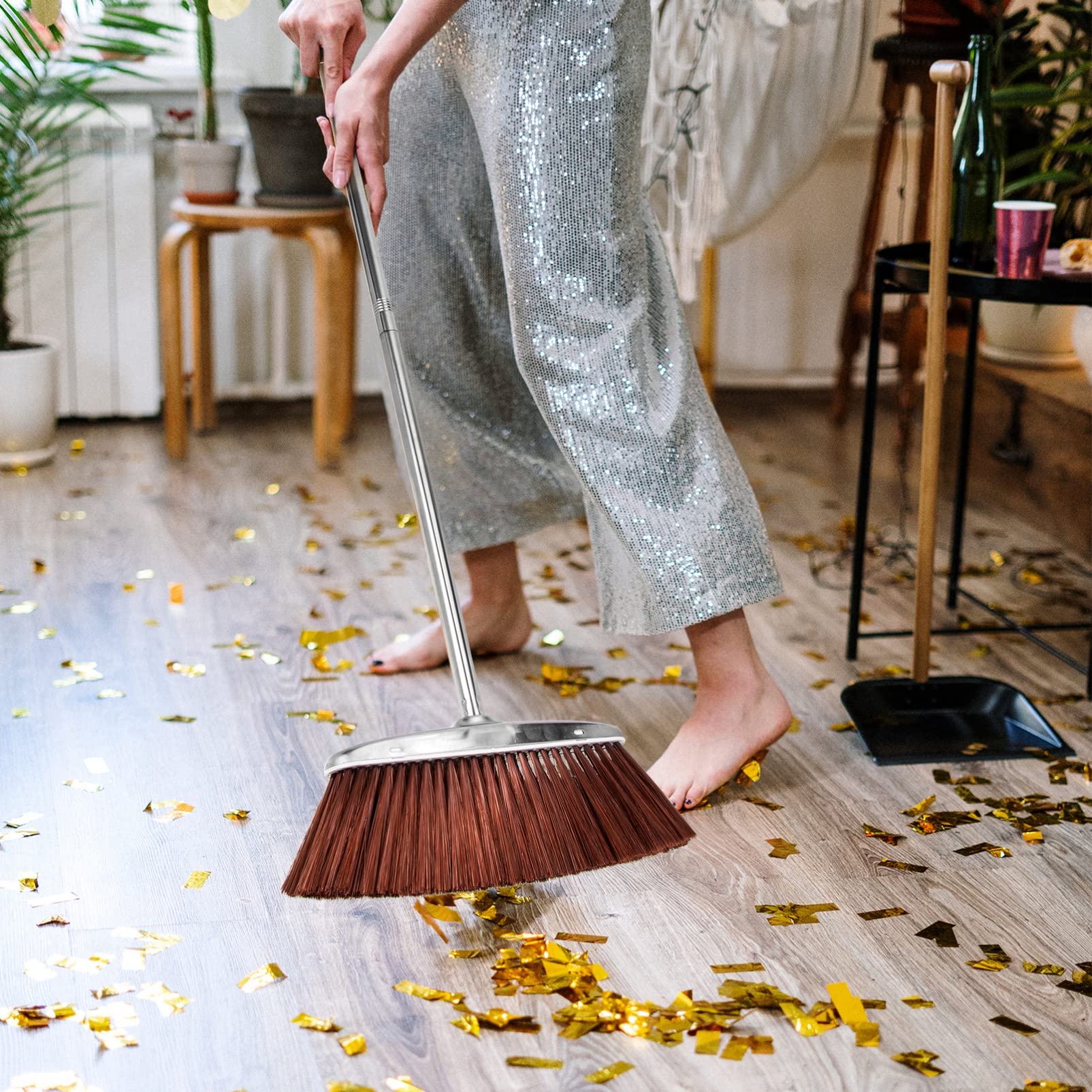 Zerodeko Cleaning Broom Lobby Broom Upright Broom with Long Handle Garbage Cleaning Supply for Sweeping Floor Garages Courtyard Sidewalks Decks Brown