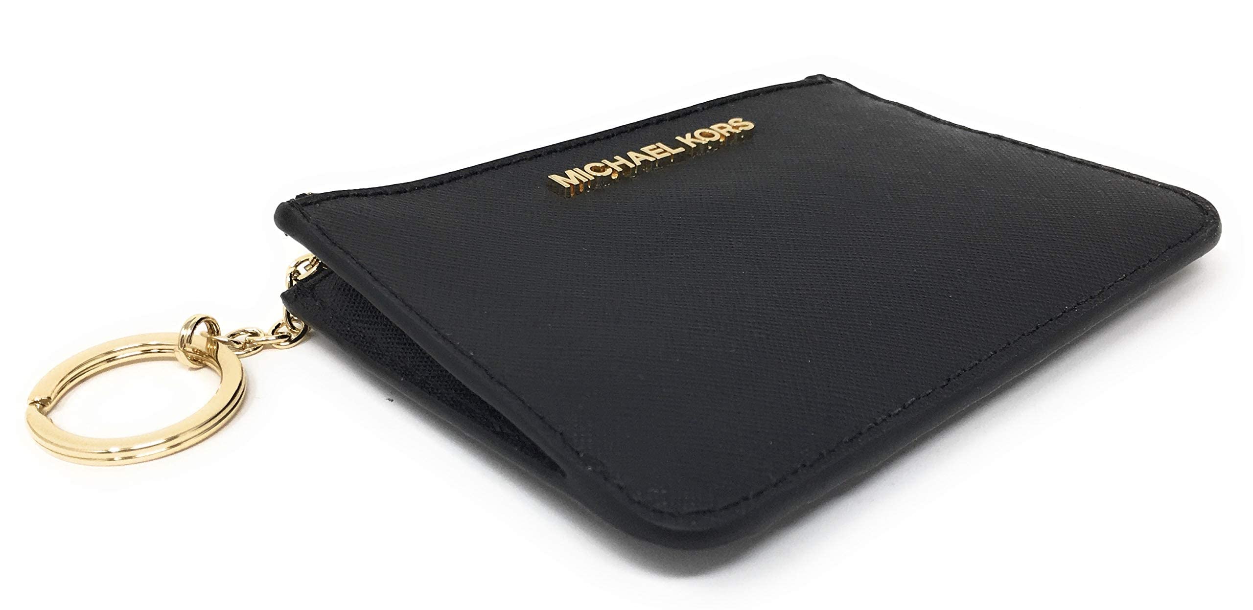 Michael Kors Jet Set Travel Small Top Zip Coin Pouch with ID Holder in Saffiano Leather (Black with Gold Hardware)