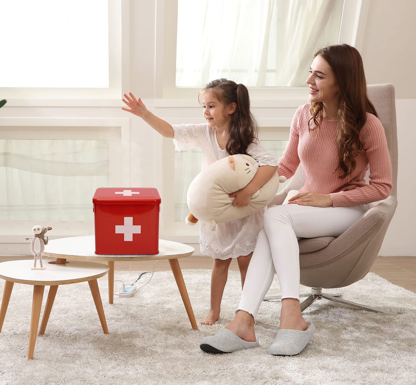 Xbopetda First Aid Kit, First Aid Medicine Supplies Bin - 2-Tier Metal Medicine Storage Tin, First Aid Box with Removable Tray for Home Emergency Tool Set-Red