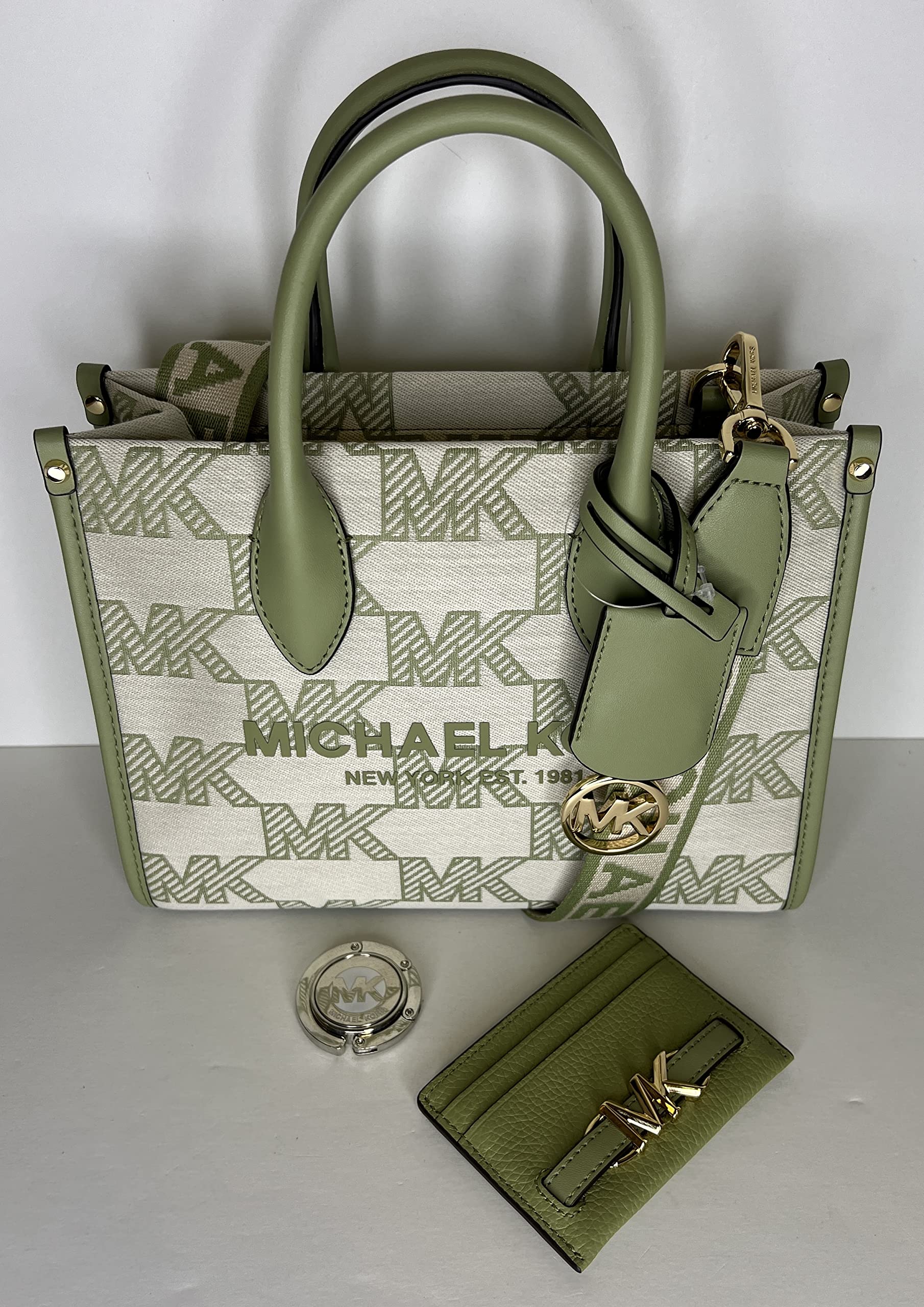 Michael Kors Mirella Small Shopper Top Zip Bag bundled SM TZ Coinpouch Purse Hook (Sage Green MK)