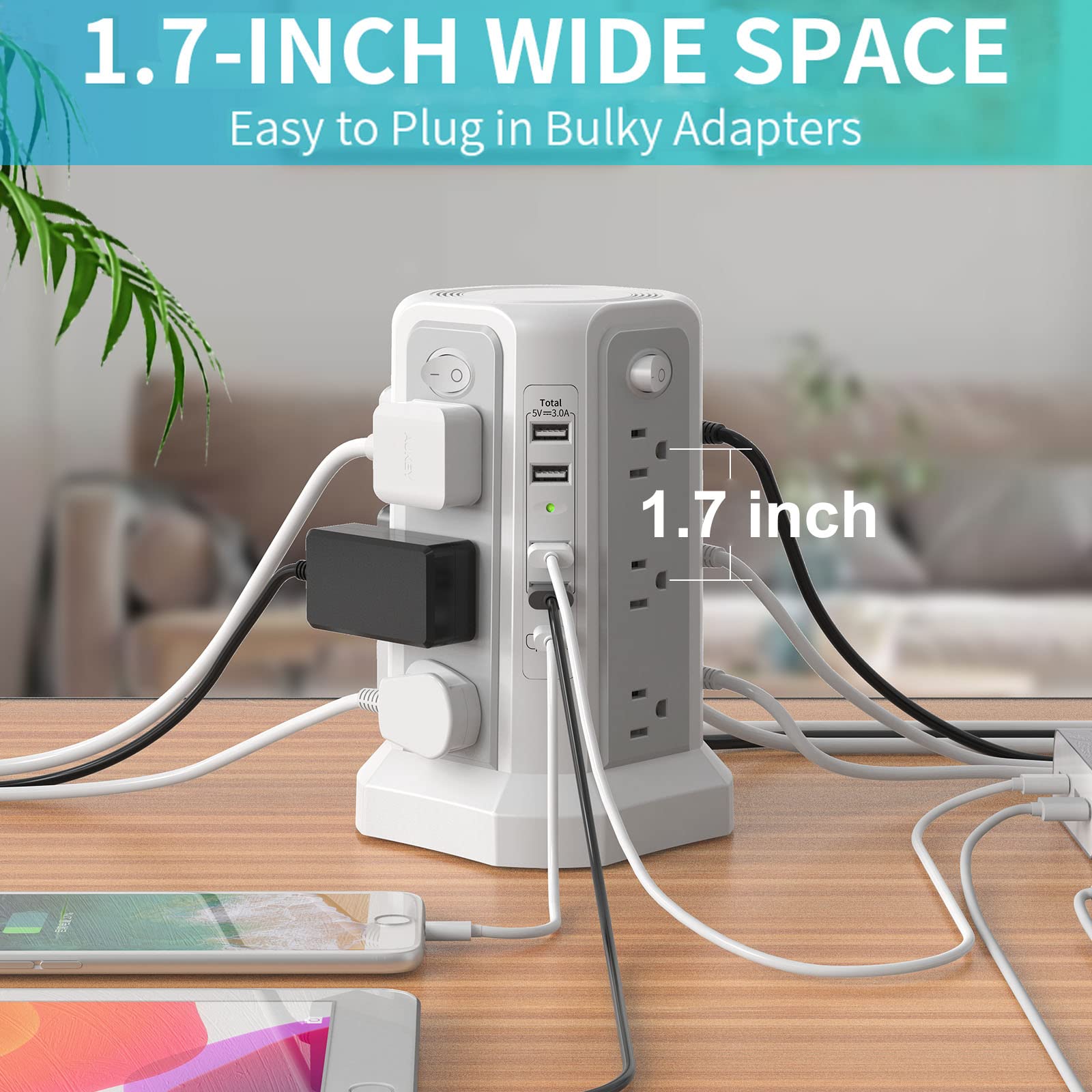 Surge Protector Power Strip Tower with USB C Port(PD18W),10FT Extension Cord with 12 AC Outlets 5 USB Charging Ports, PASSUS Power Tower Surge Protection for Home Office DormRoom
