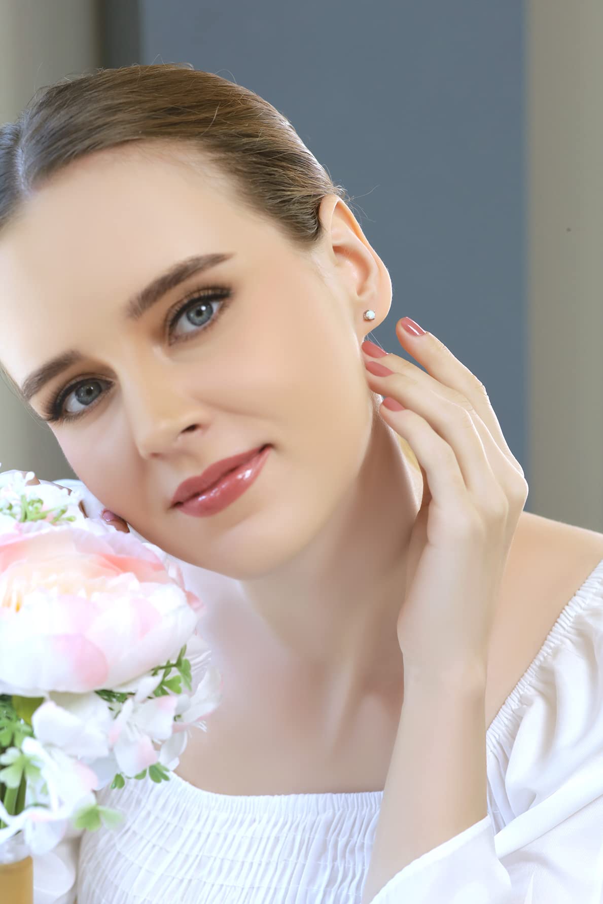 Opal Earrings for Women Sterling Silver Simulated White Opal 4mm Round-Cut Solitaire Small Stud Earrings for Teens