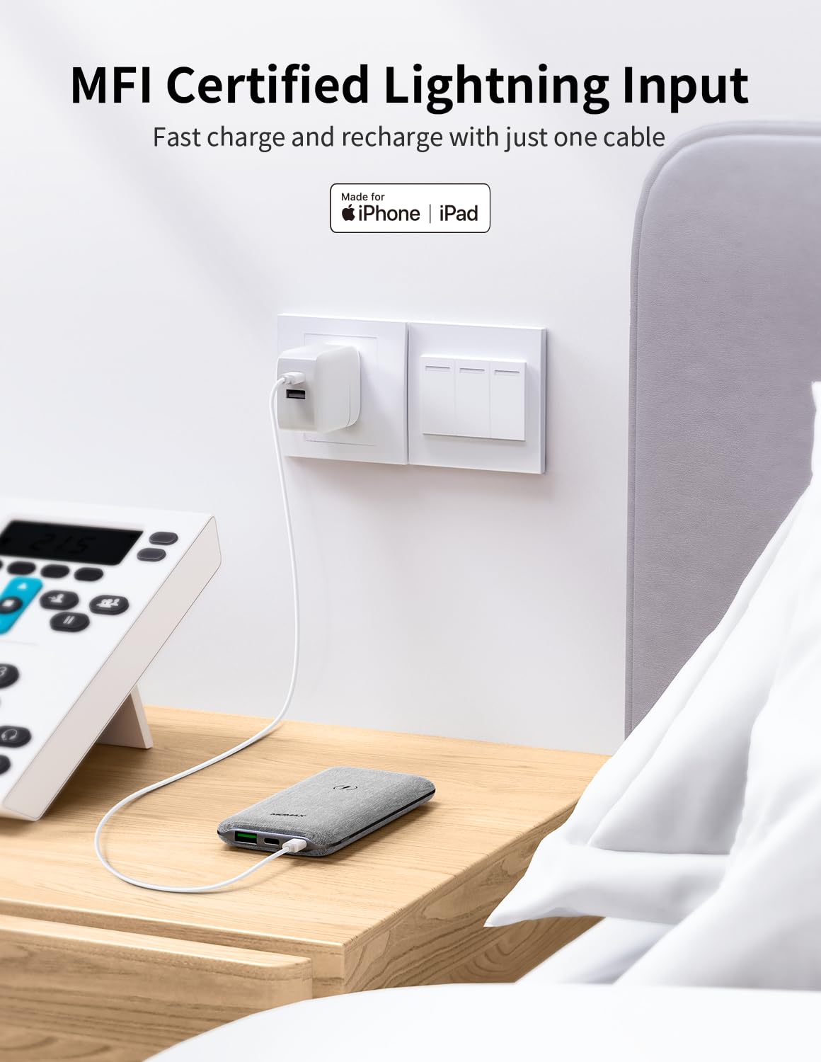MOMAX Wireless Portable Charger, 10000mAh MFi Q.Power Touch Power Bank Lightning Input 20W PD&QC External Battery Pack 2 Input+3 Output Phone Charger for iPhone, Airpods, Samsung, Android (Light Grey)