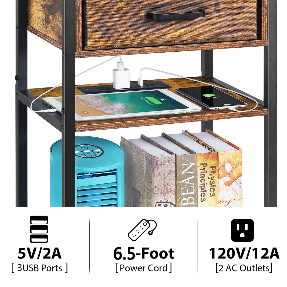 melos Night Stands with Charging Station, 3 Tier Nightstand with USB Ports and Outlets, Bedside Table with Fabric Drawers, Tall Side End Table with Storage Shelf for Bedroom, Living Room, Sofa, Black