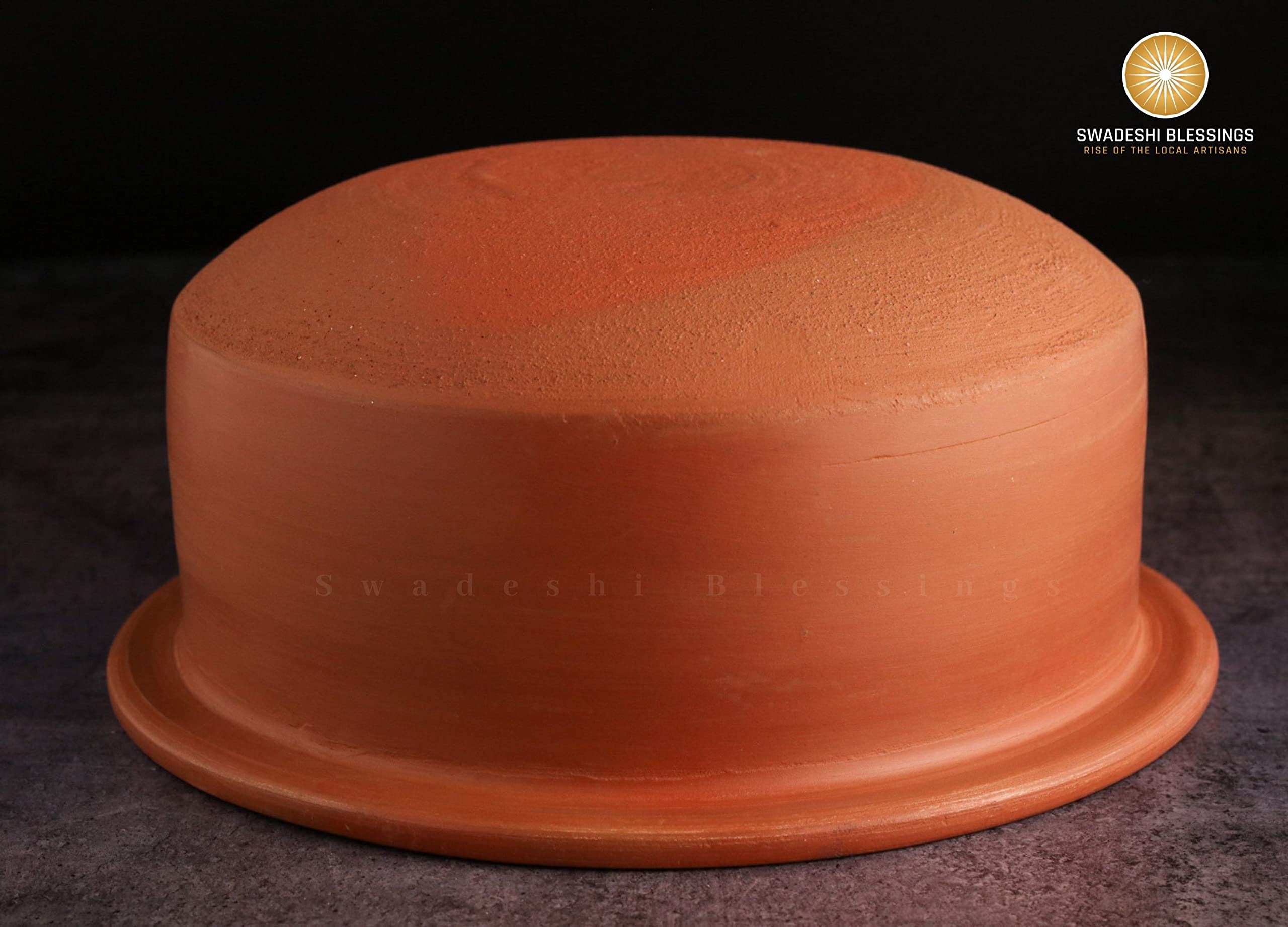 Swadeshi Blessings HandMade Exclusive Range Unglazed Earthen Kadai/Mud Handi/Mitti Ke Bartan/Clay Pot for Cooking & Serving with Lid(with Mirror Shine) + Free Palm Leaf Stand (5.5 Liters)