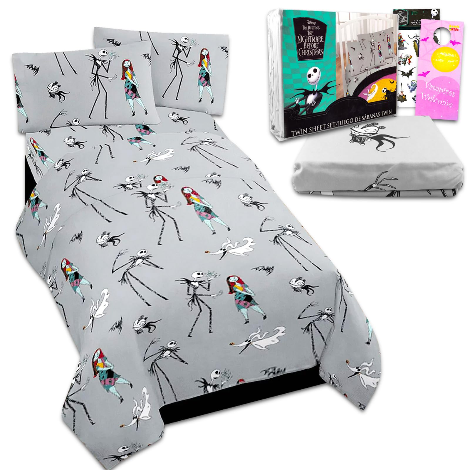 Nightmare Before Christmas Bedding Set - Bundle with Nightmare Before Christmas Bed Sheets with Flat Sheet, Fitted Sheet, and Pillowcase for Twin Bed Plus Stickers, More | Jack Skellington Sheets Twin