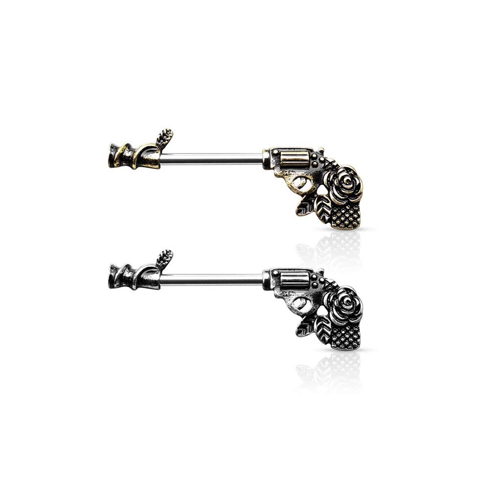 Pierced Owl 14G Stainless Steel Rose Pistol Gun Nipple Barbells, Sold as a Pair (Silver Tone)