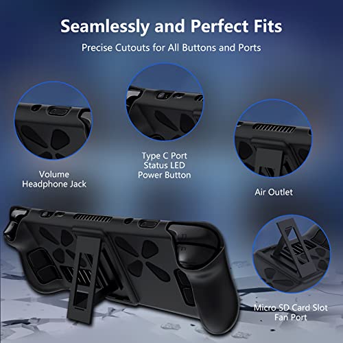 Umido Silicone Kickstand Case for Steam Deck, Protective Cover Set Includes Clear Screen Protector, Embedded Kick Stand, Thumb Grips Cap for Steam Deck (Black)