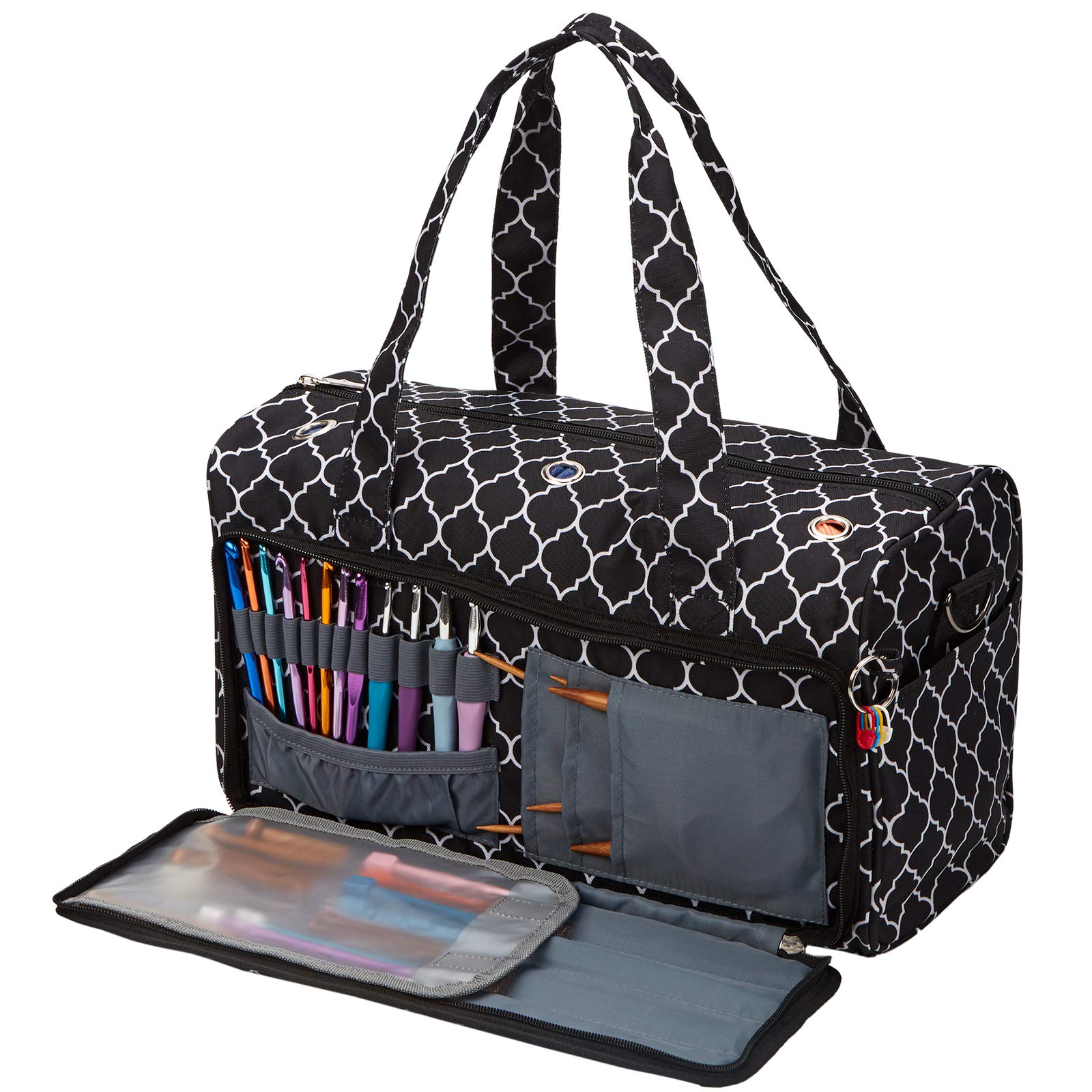 NICOGENA Knitting Bag, Large Capacity Portable Yarn Storage Tote for Yarn Skeins and Accessories Tangle Free with 3 Reinforced Grommets, Lantern Black