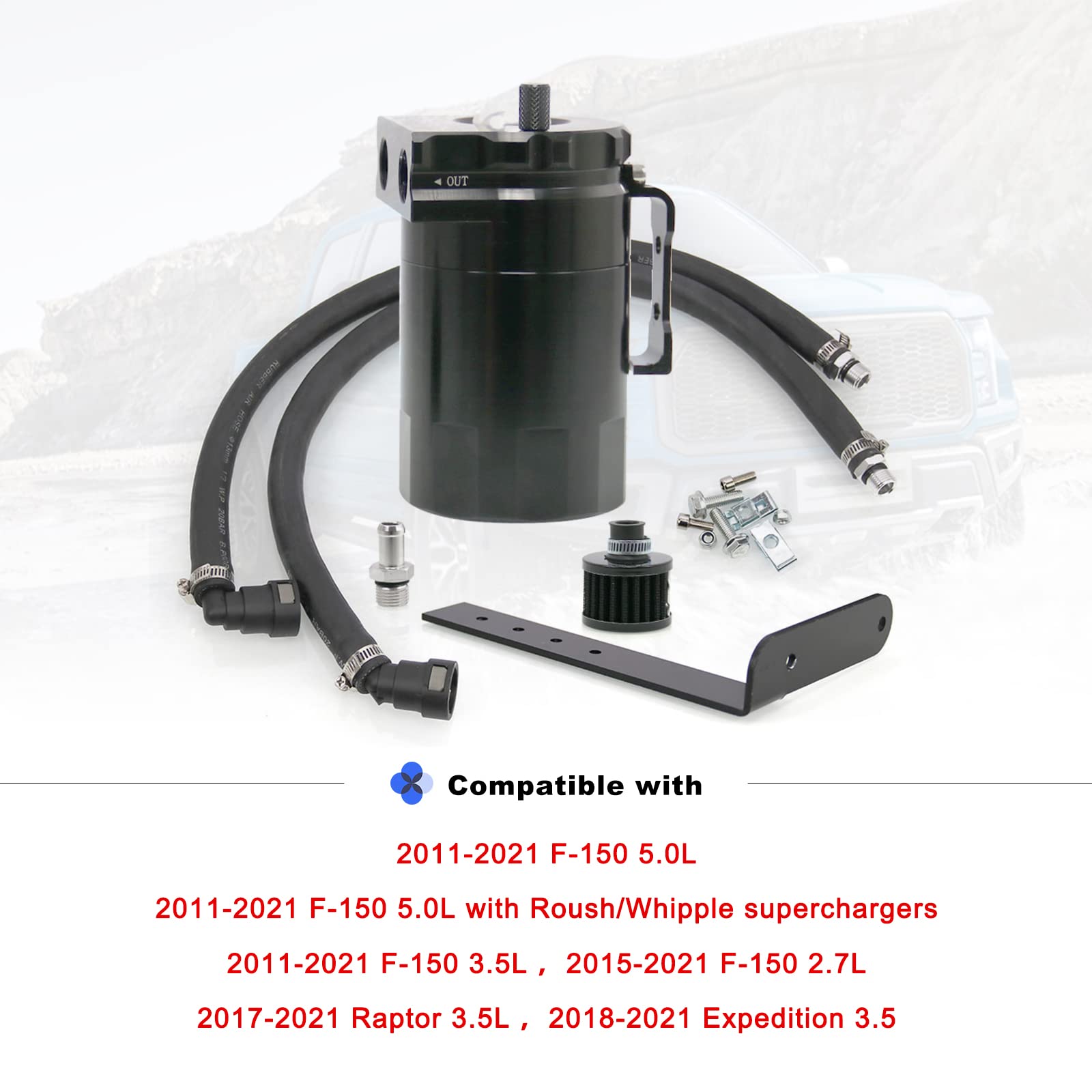 RULLINE Oil Catch Can Kit Oil Separator Reservoir Tank Engine Polish Baffled Compatible with 2011-2019 Ford F150 2.7EB 3.5EB 5.0 Passenger Side with Breather Filter,Aluminum,Black,400ml
