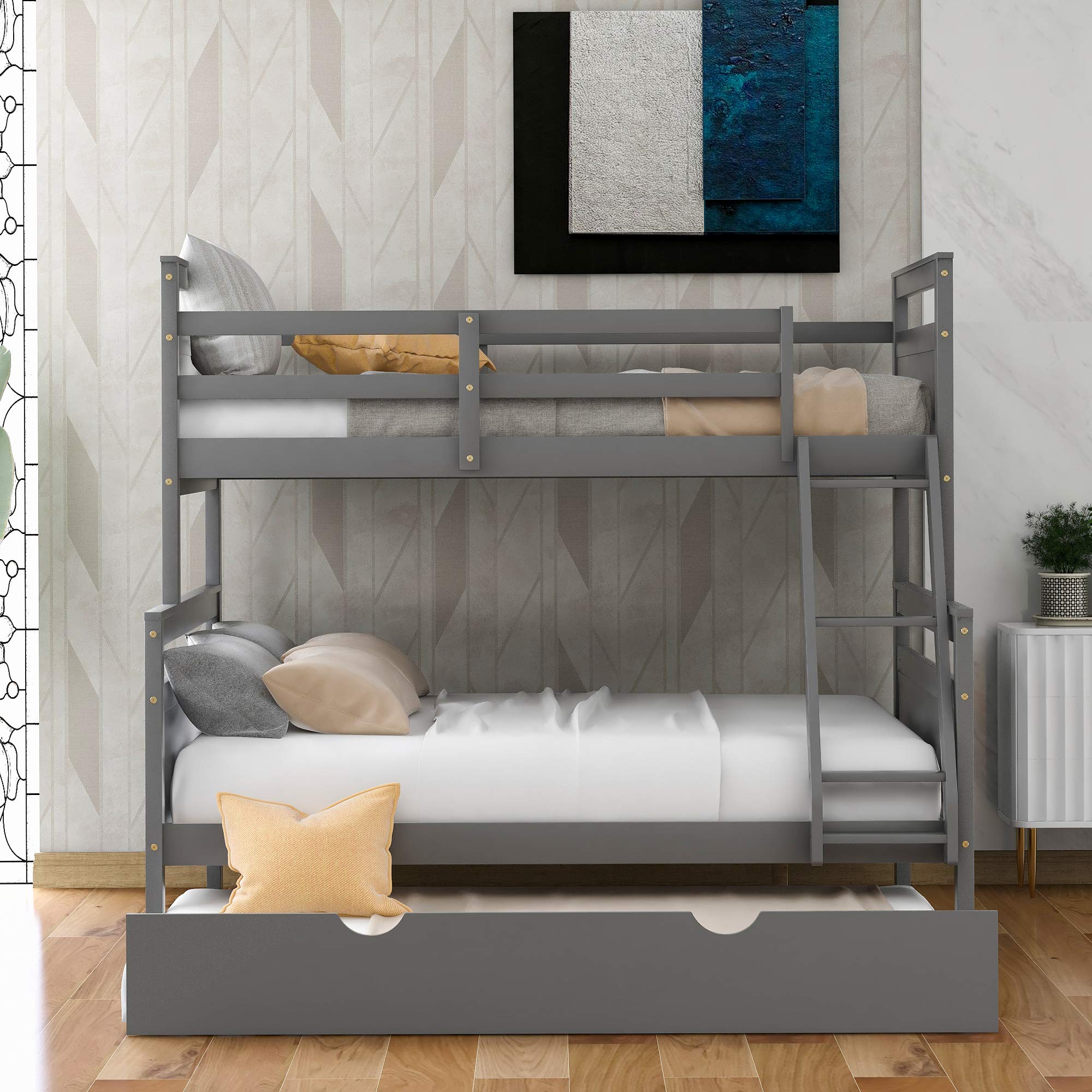 Merax Twin over Full Wood Bunk Bed with Trundle and Safety Guardrail for Teens, Guests,No Box Spring Needed, Gray